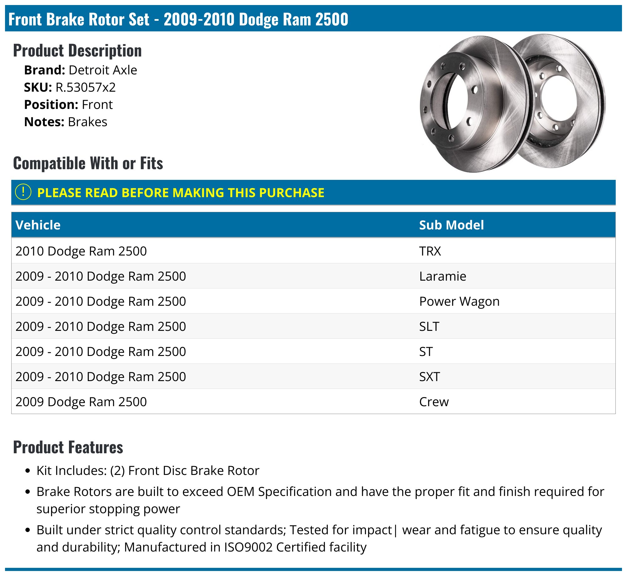 2009-2010 Dodge Ram 2500 Brake Rotor - Detroit Axle R.53057x2 - Front ...