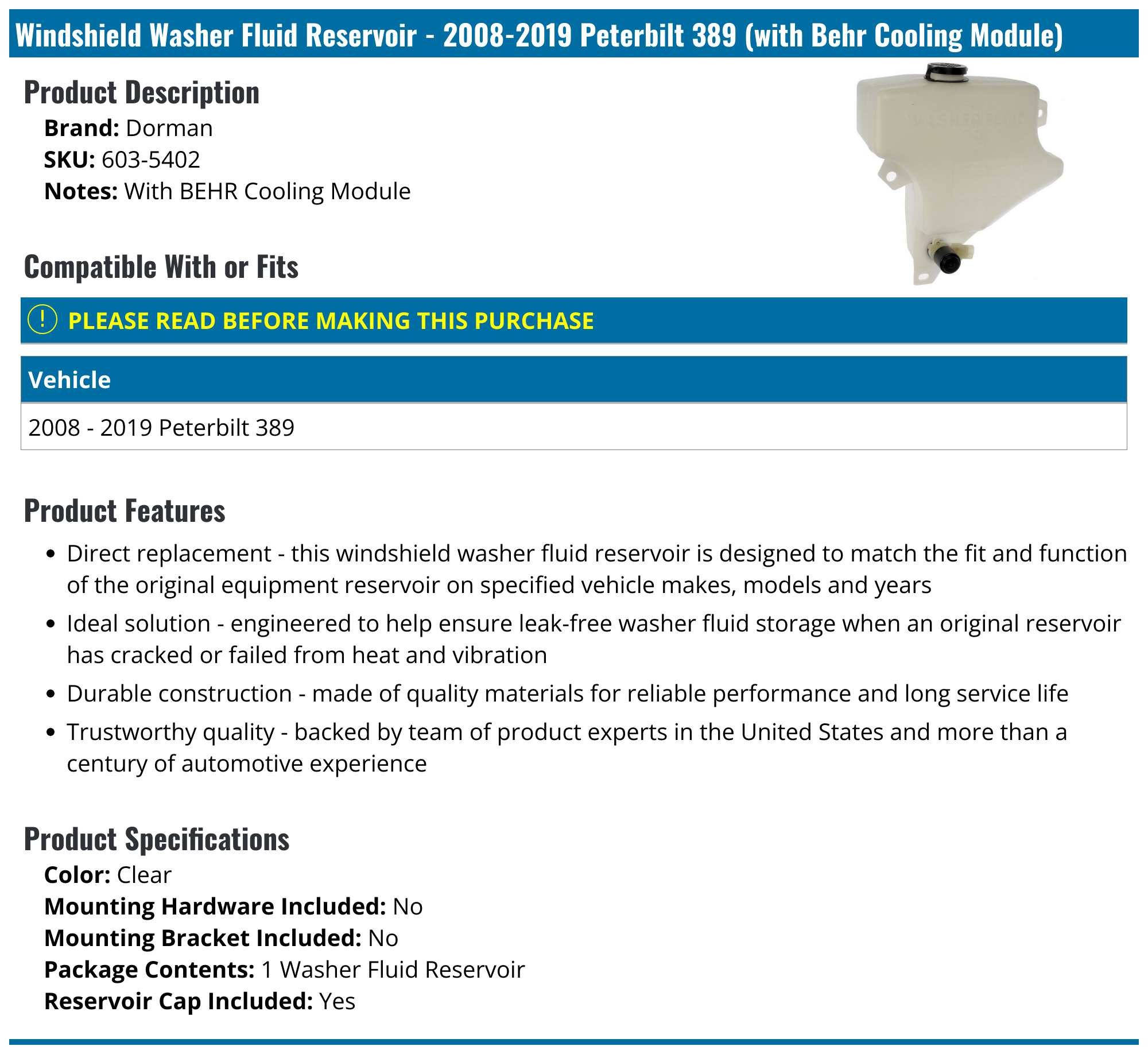 2008-2019 Peterbilt 389 Windshield Washer Tank - Dorman 603-5402 ...