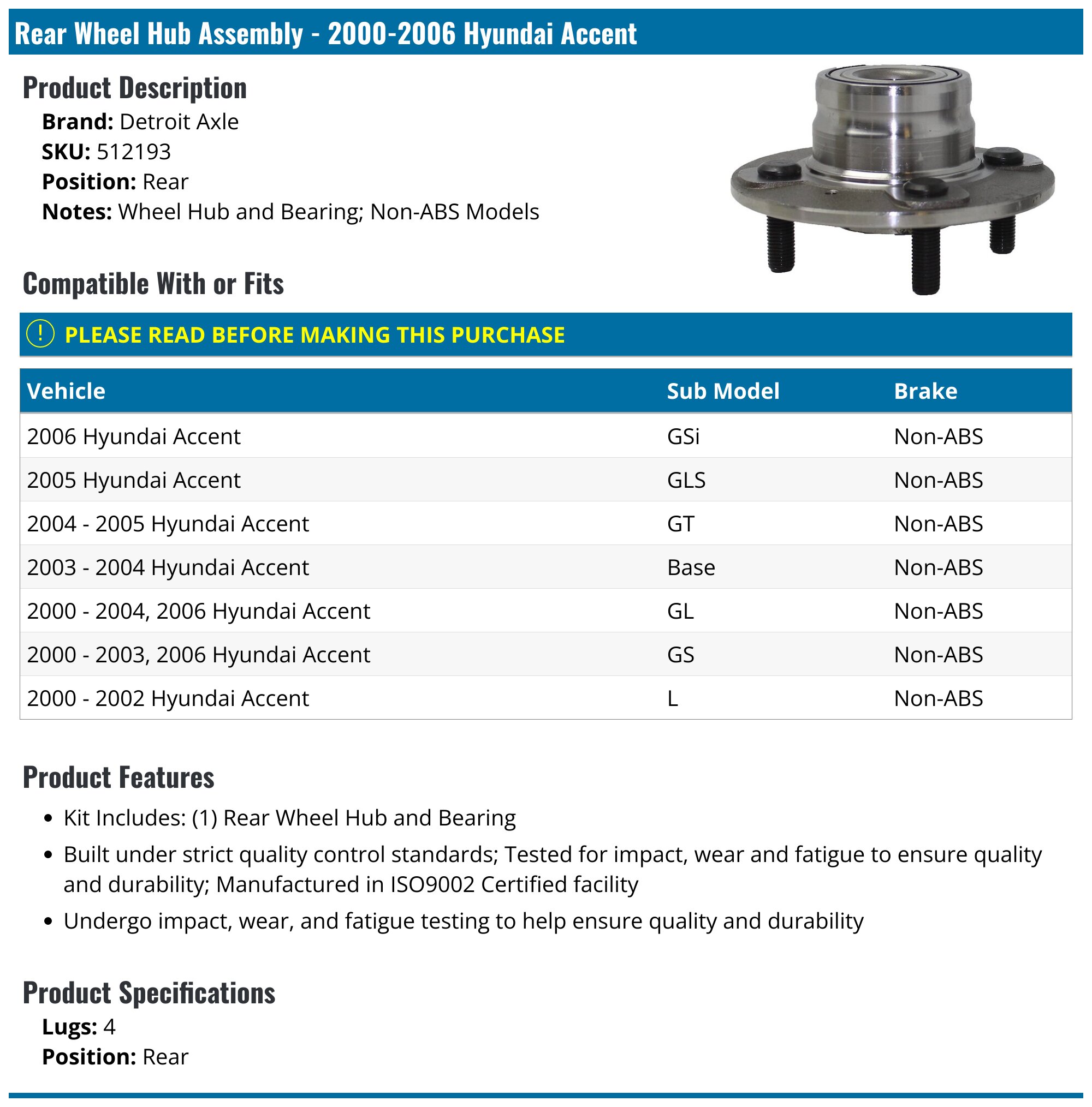 2000-2006 Hyundai Accent Wheel Hub Assembly - Detroit Axle 512193 ...