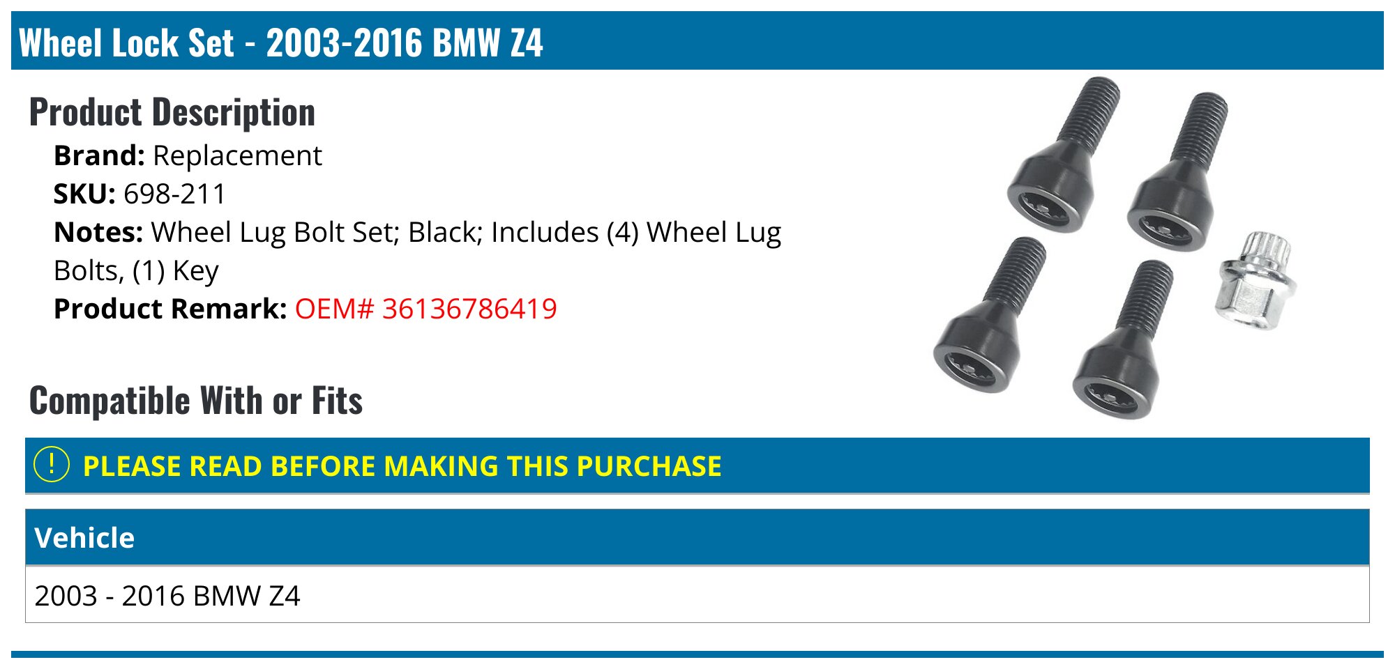 2003-2016 BMW Z4 Lug Bolt - Replacement 698-211 - PartsGeek.com
