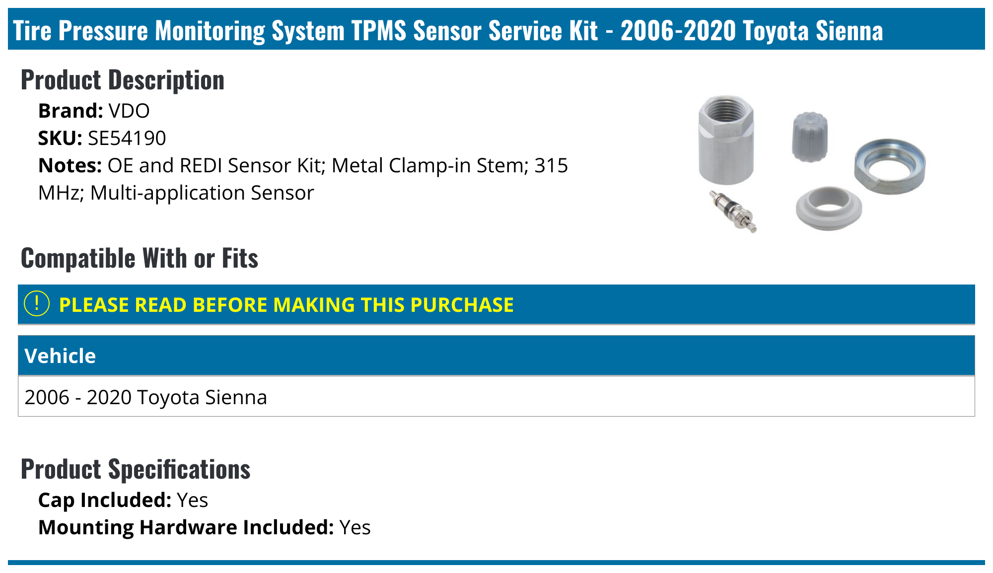 2006-2020 Toyota Sienna Tire Pressure Monitoring Sensor - VDO SE54190 ...