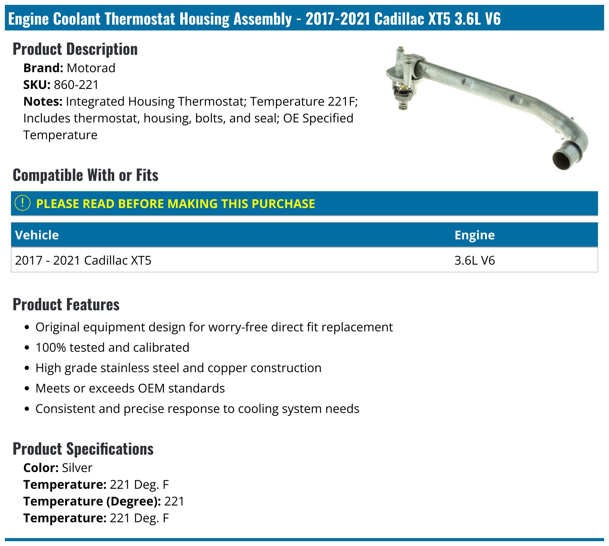 2017-2024 Cadillac XT5 Thermostat Housing - Motorad 860-221 - PartsGeek.com