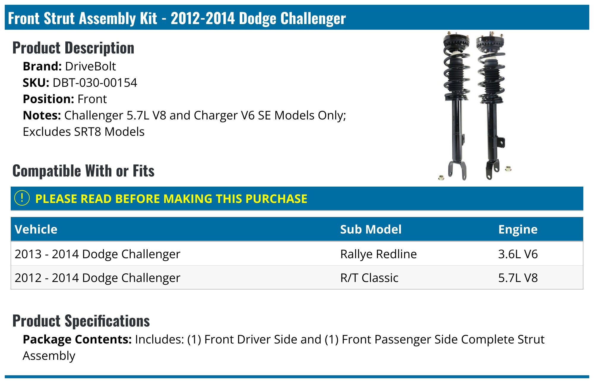 2012-2018 Dodge Challenger Strut Assembly - DriveBolt DBT-030-00154 ...