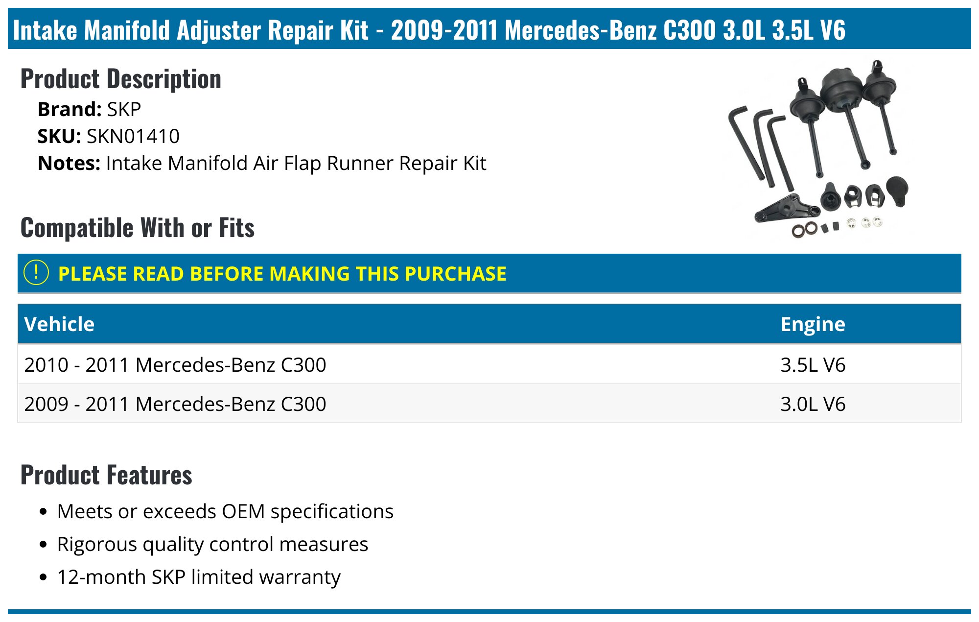 2009-2011 Mercedes C300 Intake Manifold Actuator - SKP SKN01410 ...