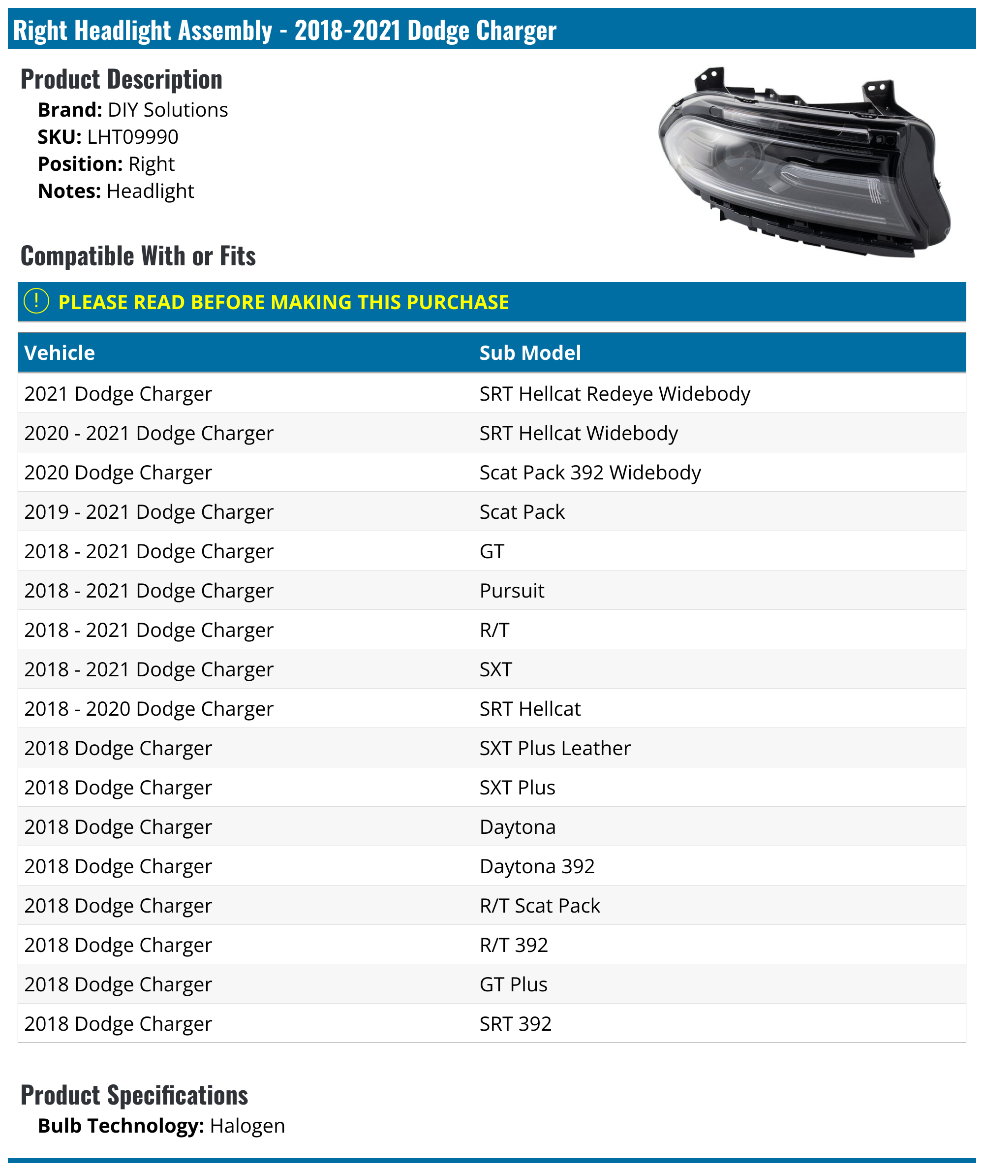 2018-2021 Dodge Charger Headlight Assembly - DIY Solutions LHT09990 ...
