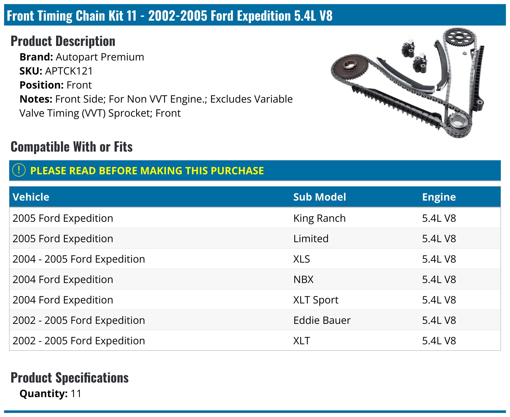 2002-2005 Ford Expedition Timing Chain - Autopart Premium APTCK121 ...