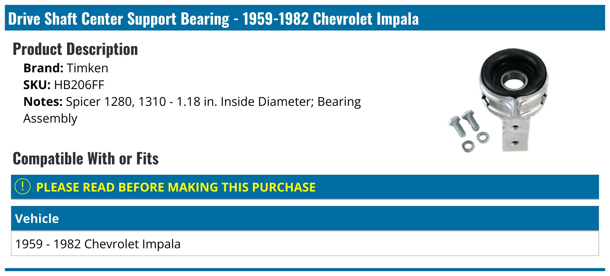 1959-1982 Chevrolet Impala Drive Shaft Center Support Bearing - Timken ...