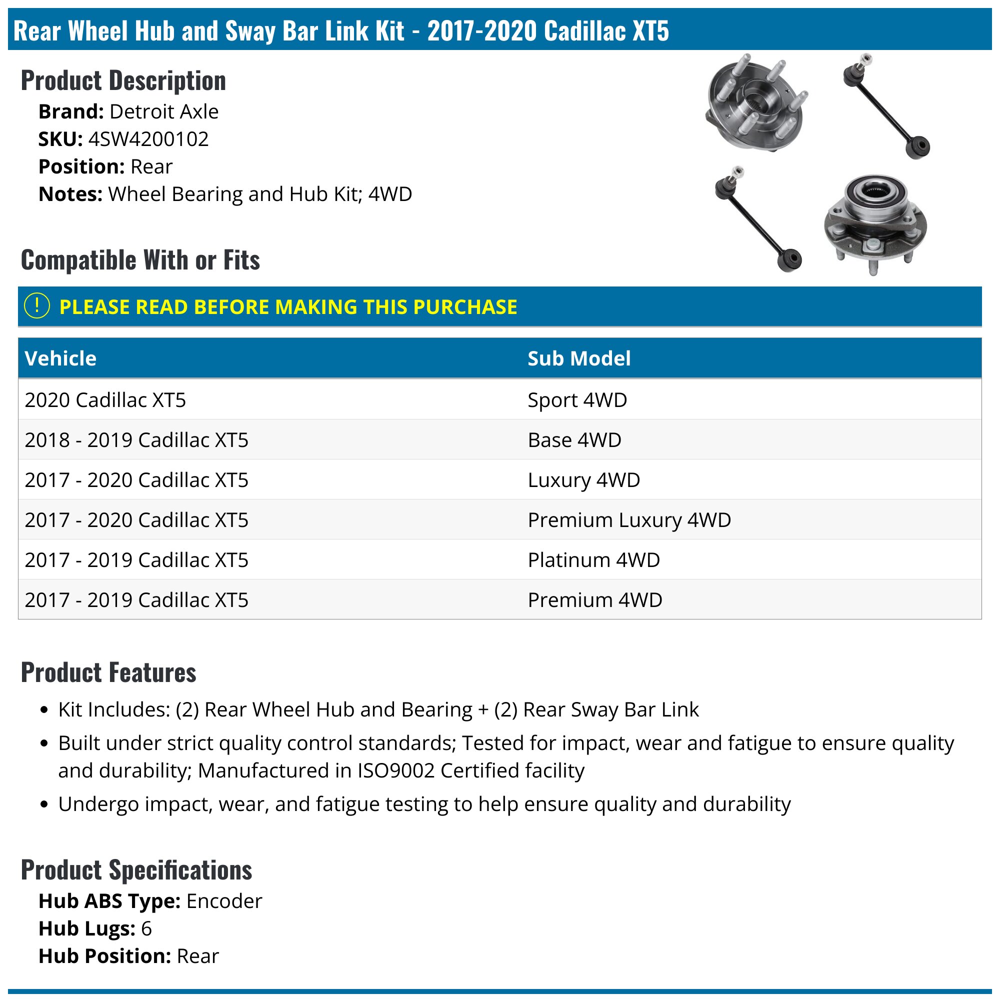 2017-2022 Cadillac XT5 Wheel Hub Assembly - Detroit Axle 4SW4200102 ...