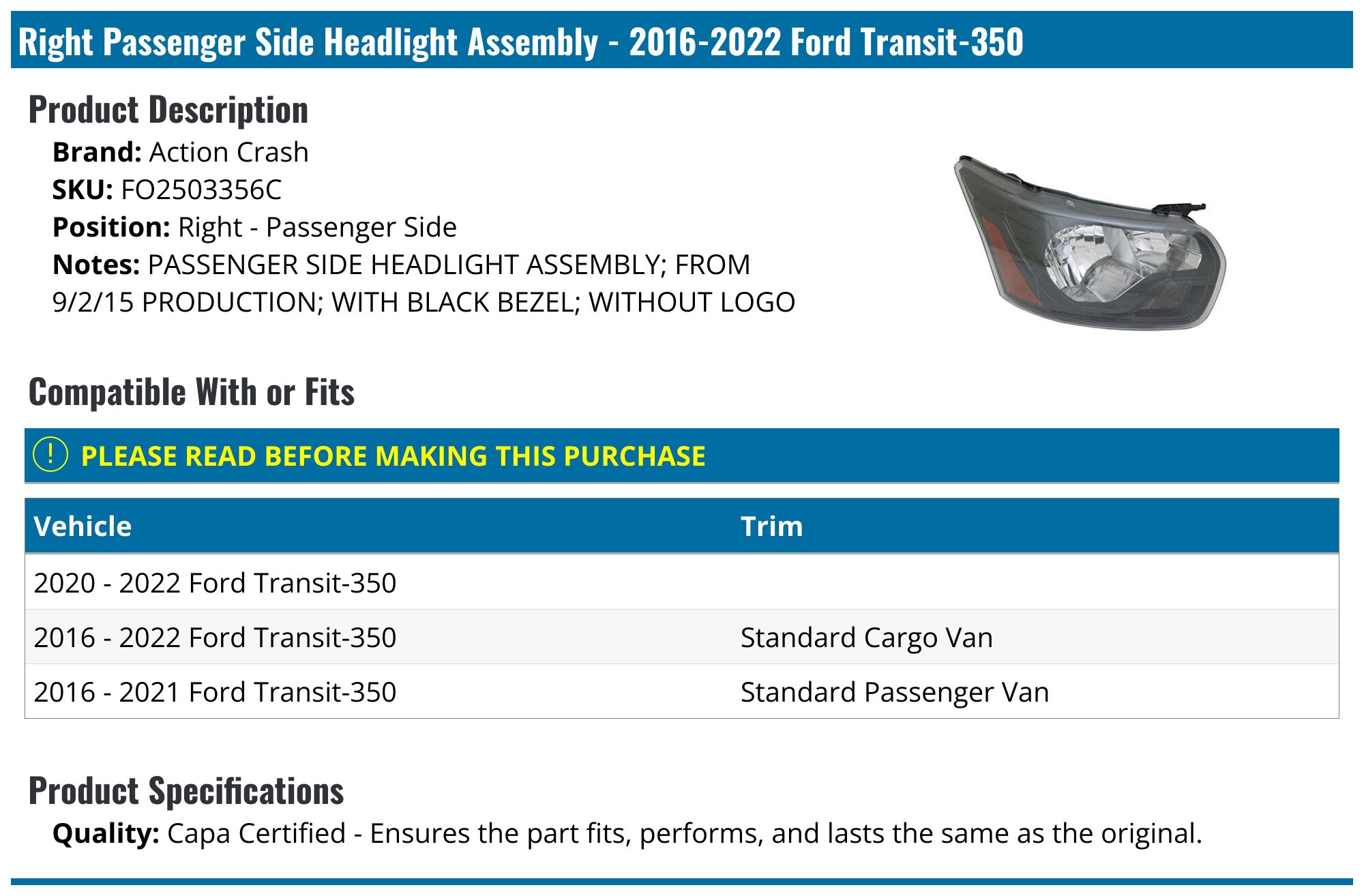 2016-2026 Ford Transit-350 Headlight Assembly - Action Crash FO2503356C ...
