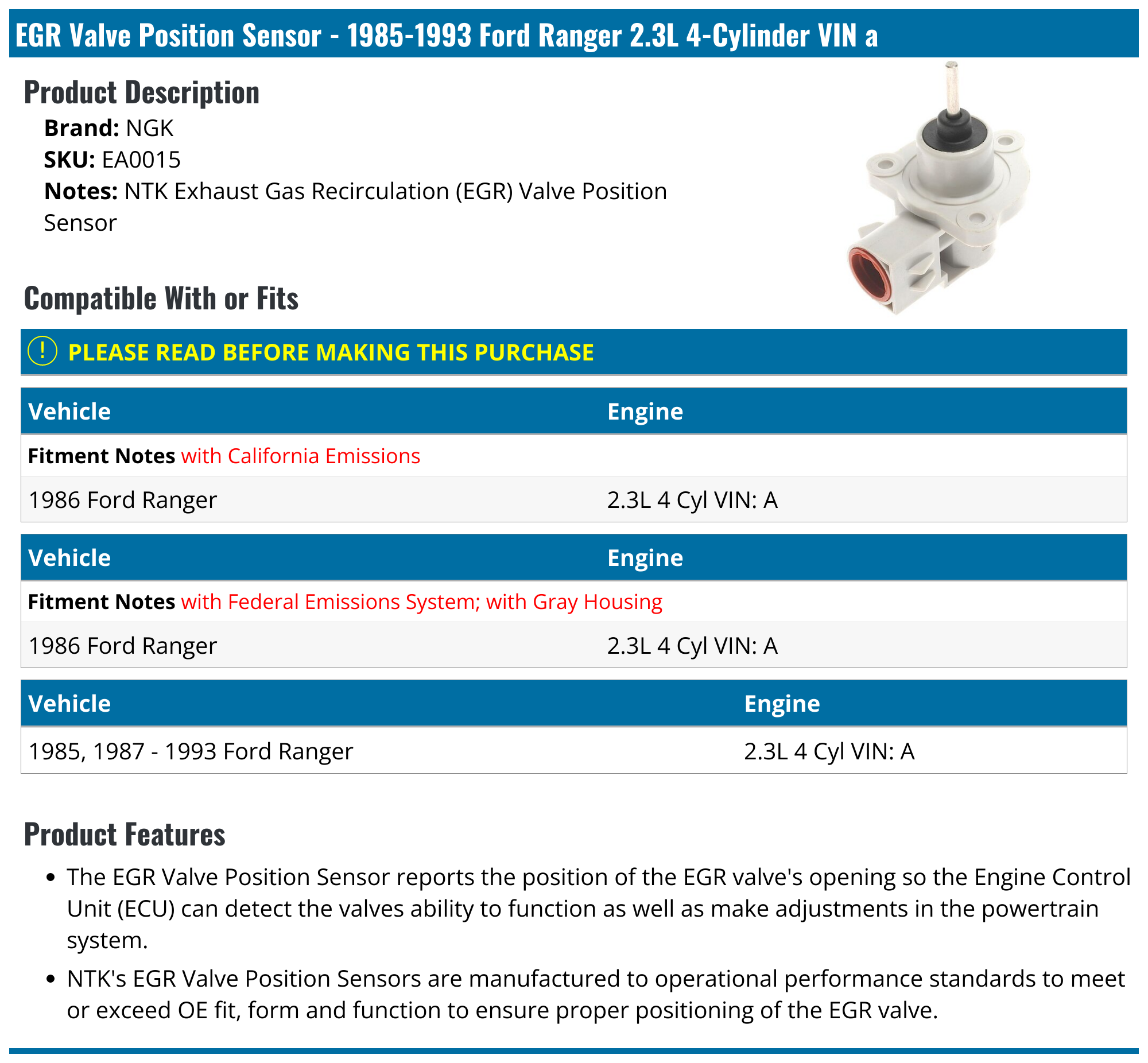 1985-1993 Ford Ranger EGR Valve Position Sensor - NGK EA0015 ...