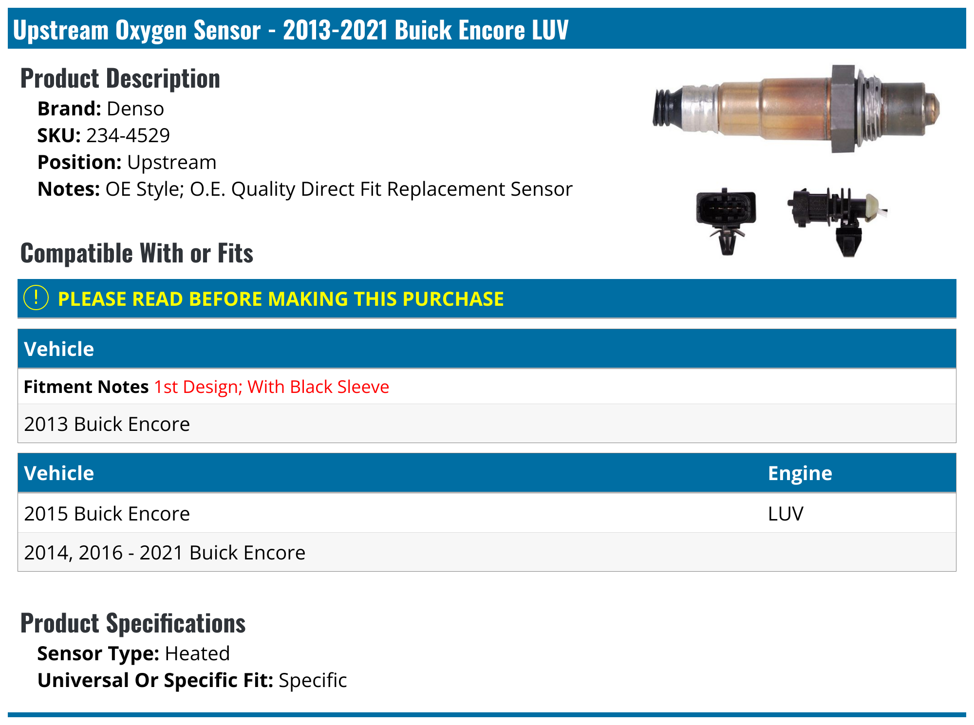 2013-2021 Buick Encore Oxygen Sensor - Denso 234-4529 - Upstream ...