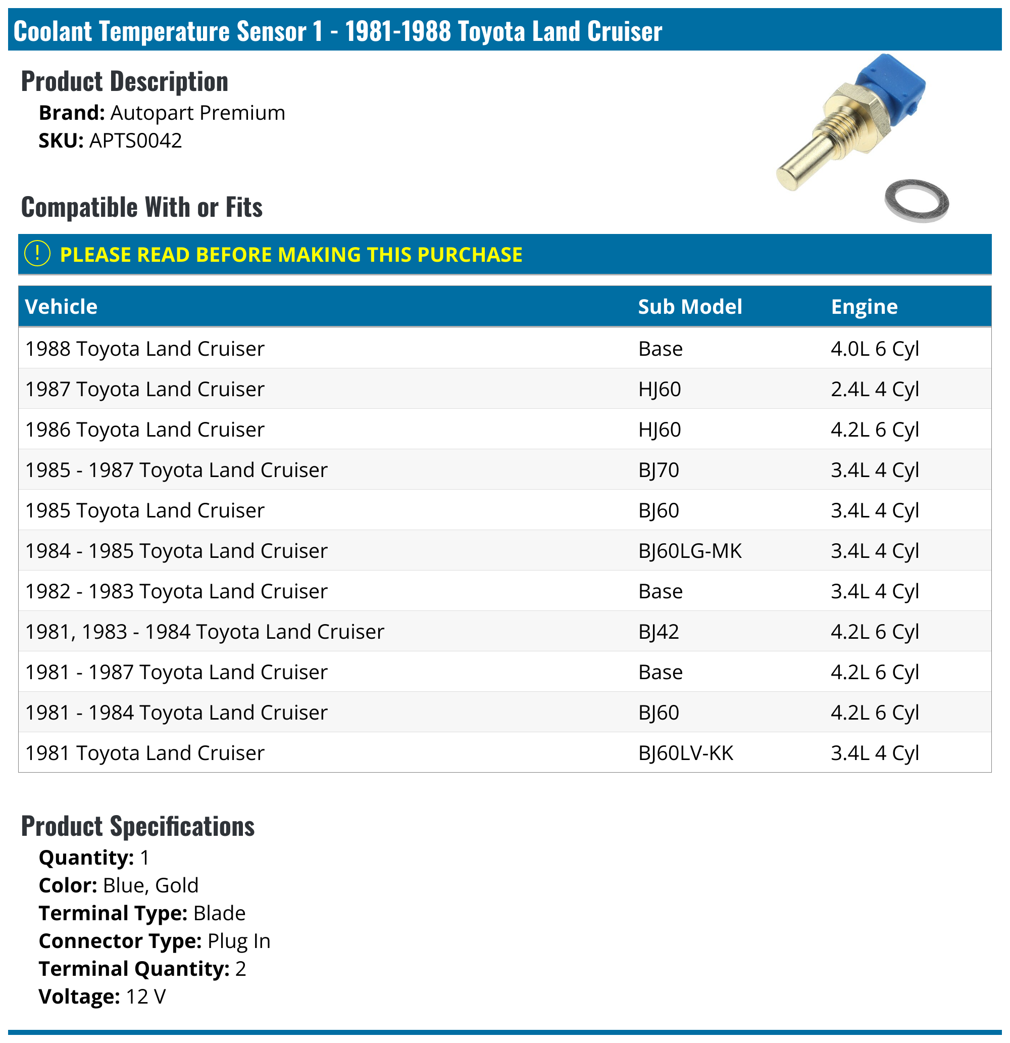 1981-1988 Toyota Land Cruiser Engine Coolant Temperature Sensor ...