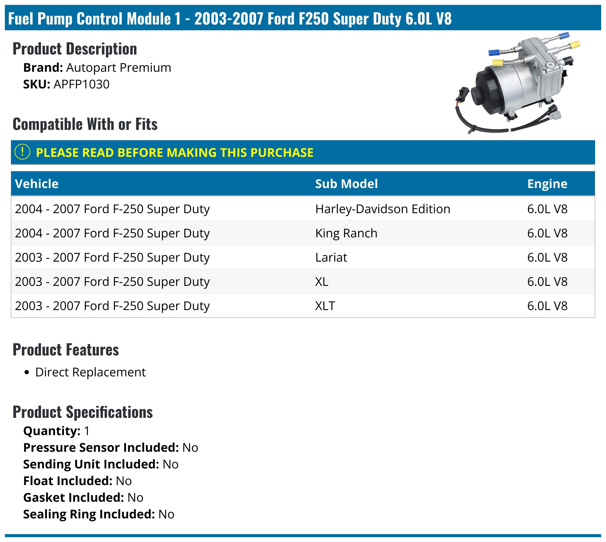 2003-2007 Ford F250 Super Duty Fuel Pump Control Module - Autopart ...