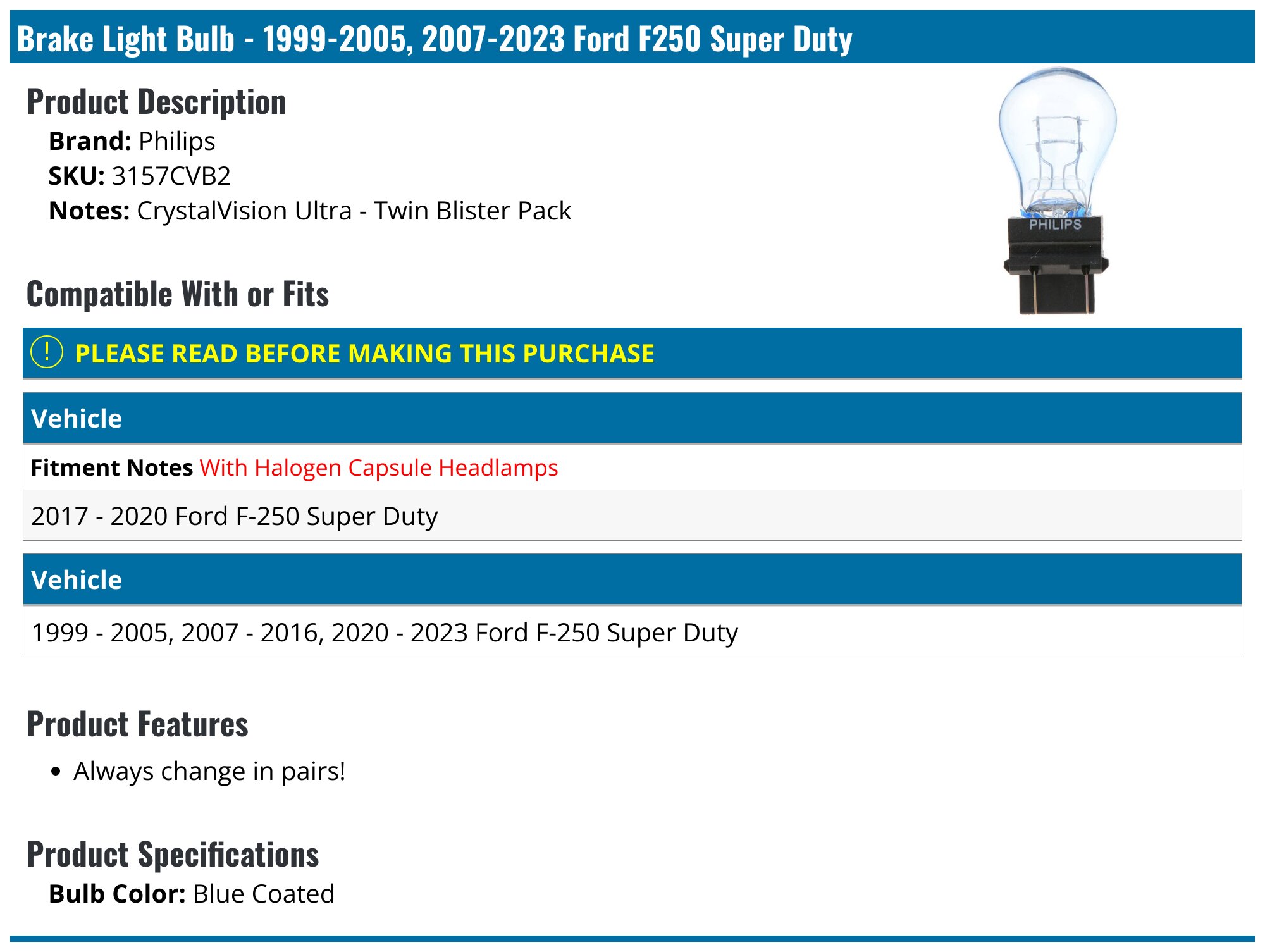 1999-2005, 2007-2010, 2017-2024 Ford F250 Super Duty Brake Light Bulb ...