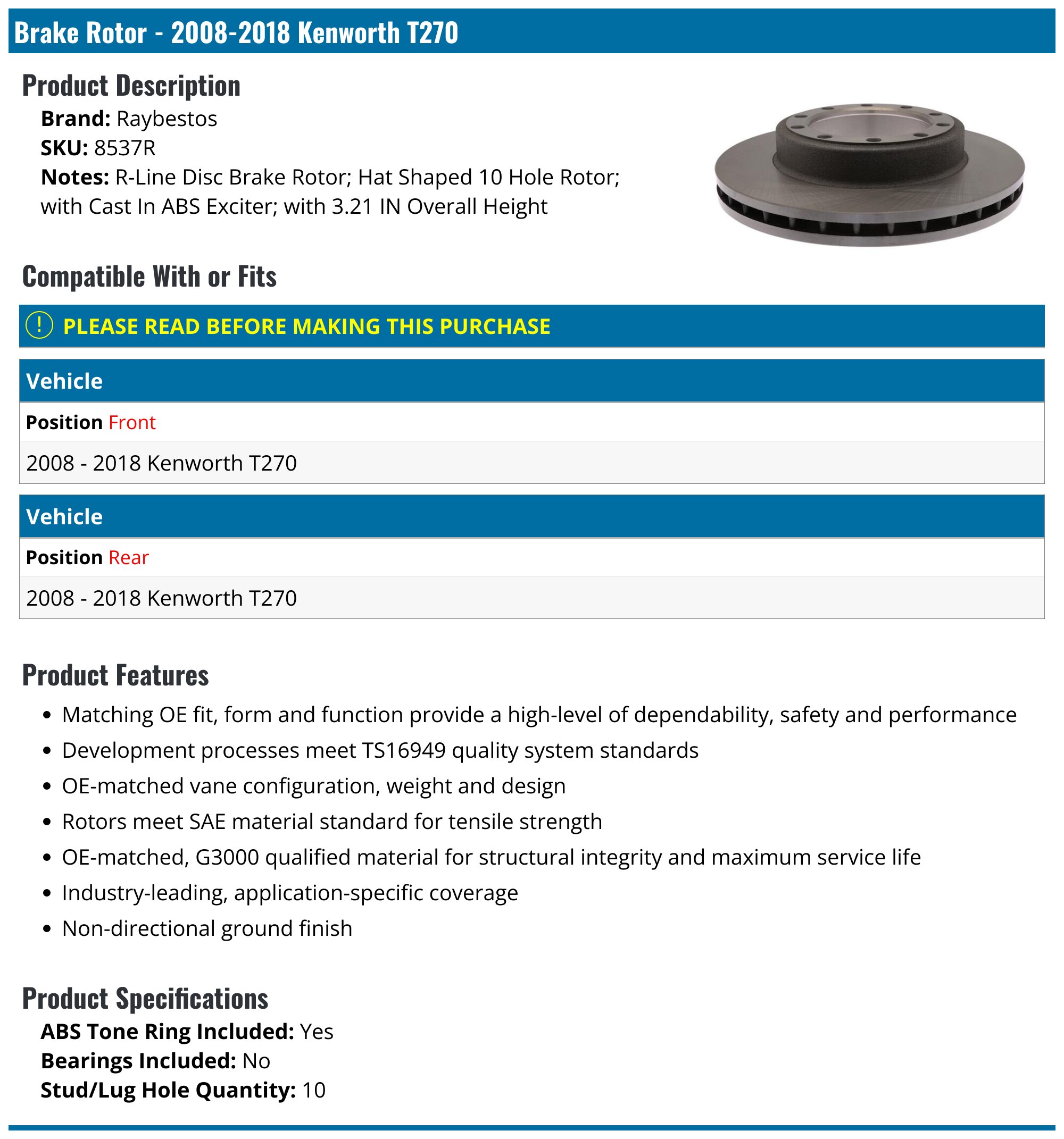 2008-2018 Kenworth T270 Brake Rotor - Raybestos 8537R - Front ...