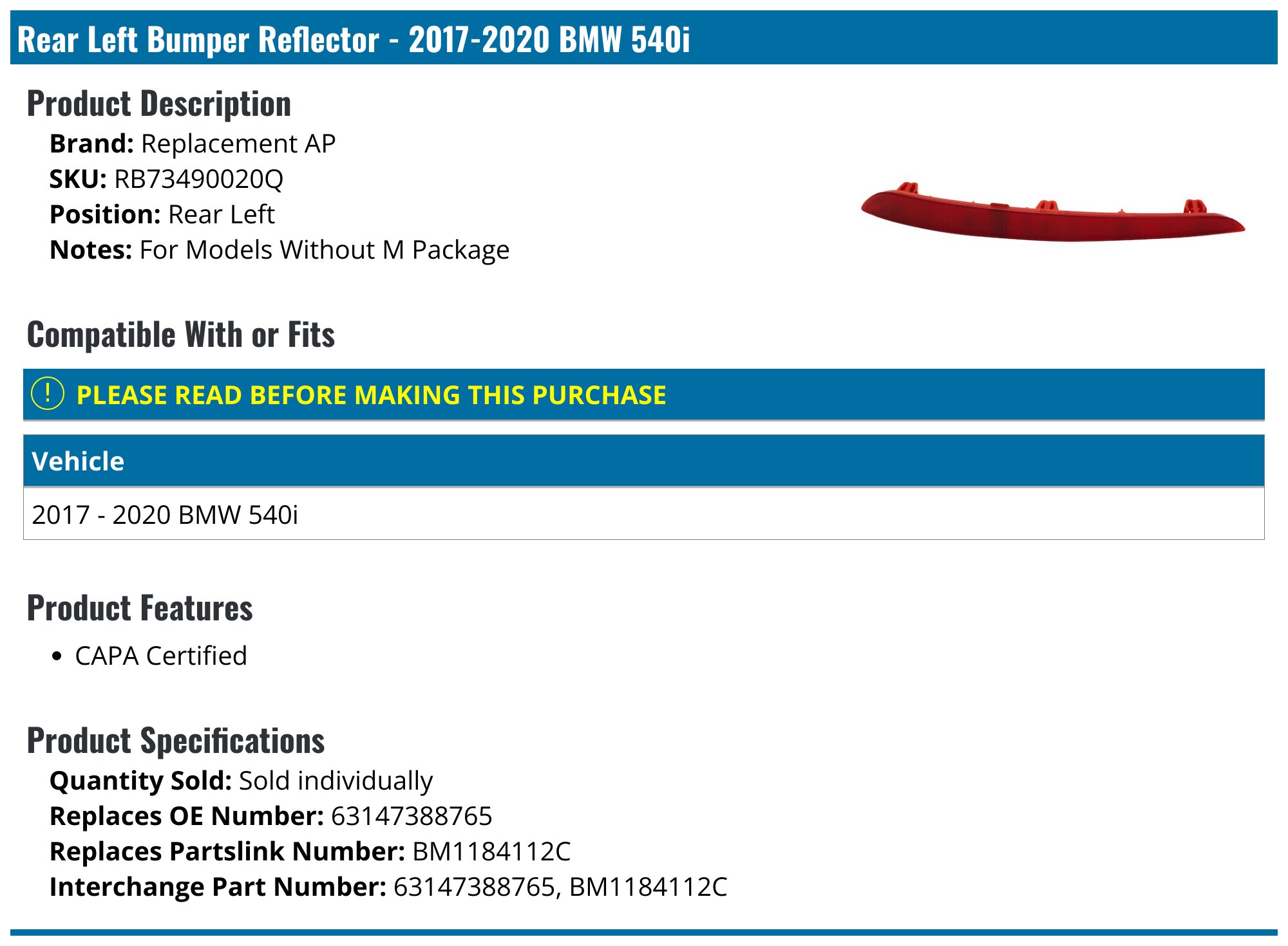 2017-2020 BMW 540i Bumper Reflector - Replacement AP RB73490020Q - Rear ...