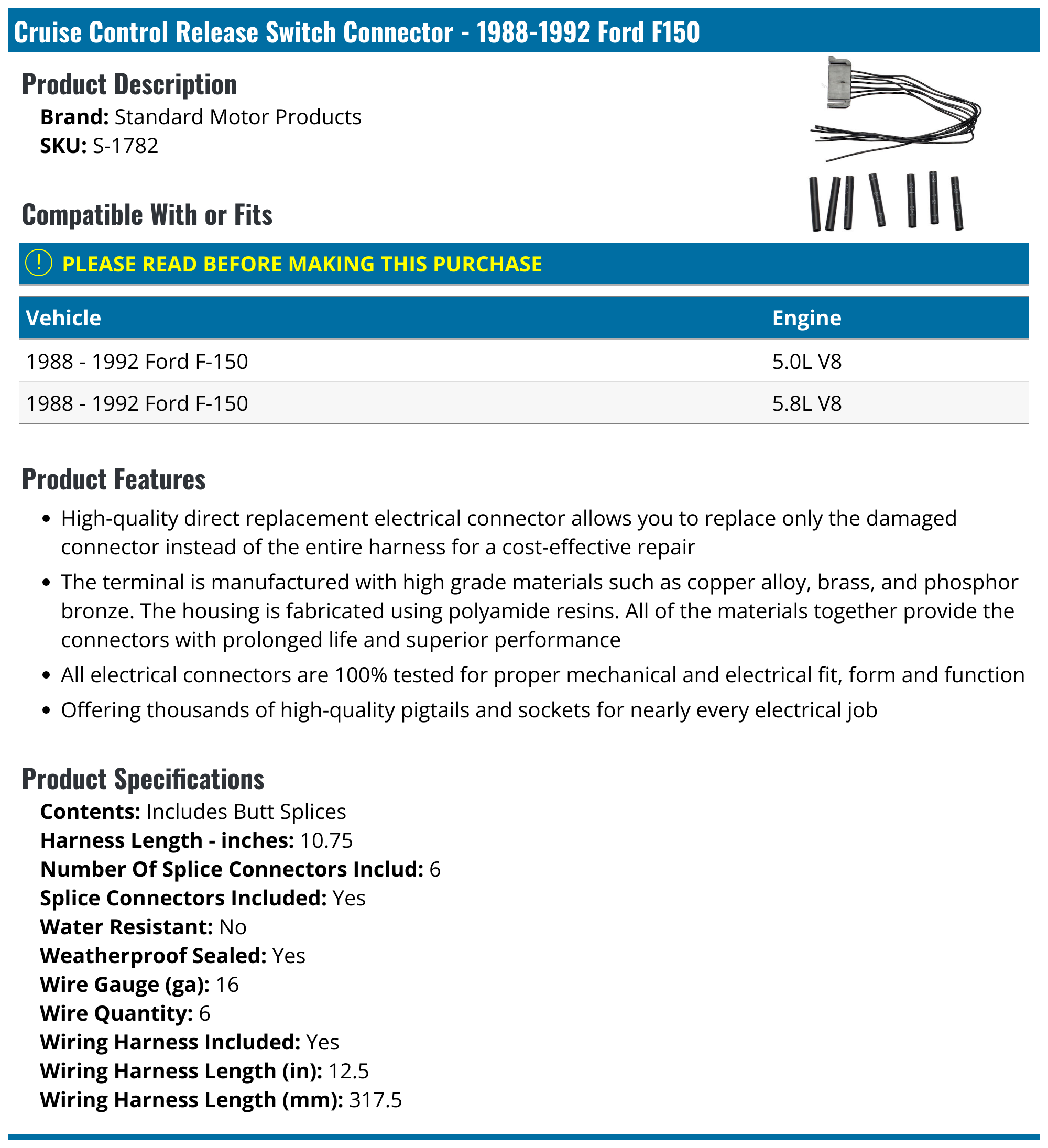 1988-1992 Ford F150 Cruise Control Release Switch Connector - Standard ...
