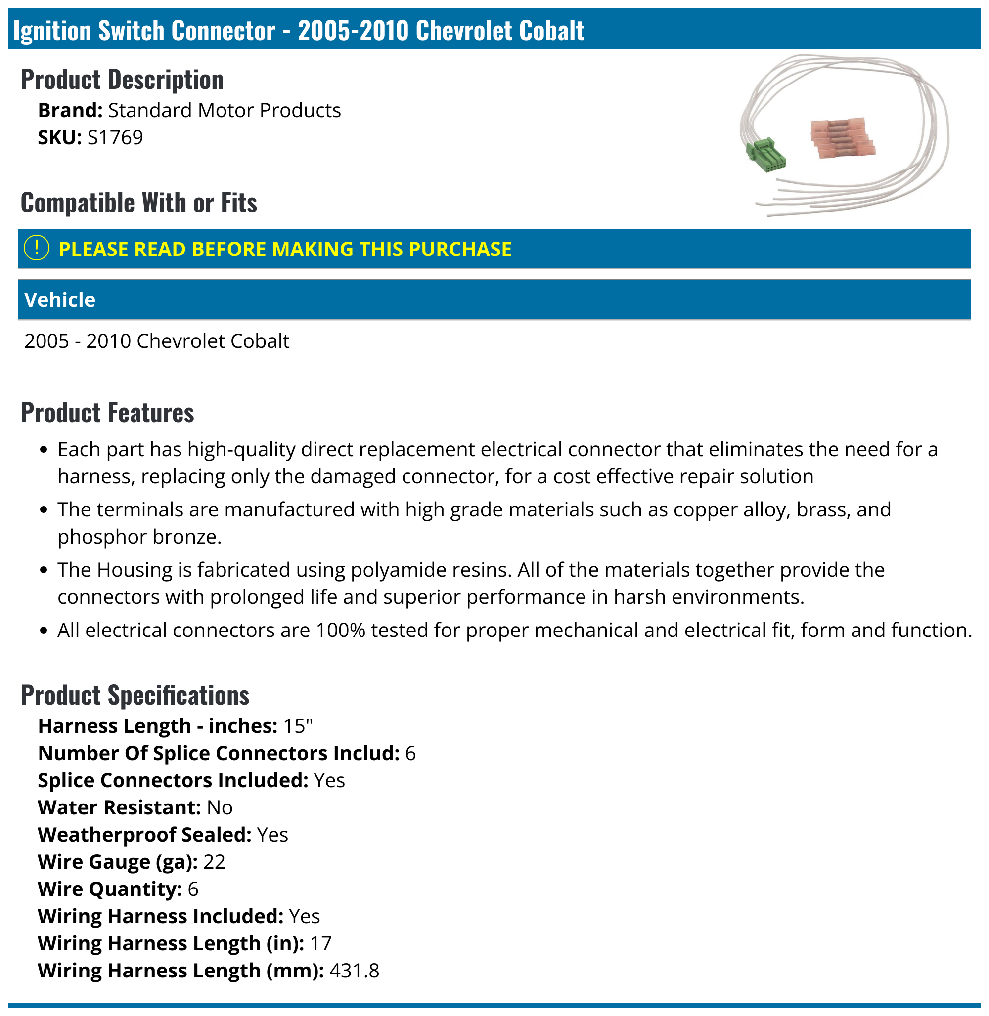 2005-2010 Chevrolet Cobalt Ignition Switch Connector - Standard Motor ...