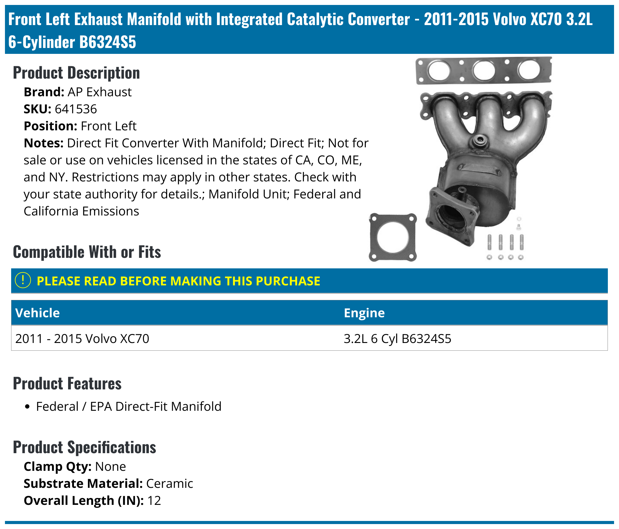 2011-2015 Volvo XC70 Catalytic Converter - AP Exhaust 641536 - Front ...