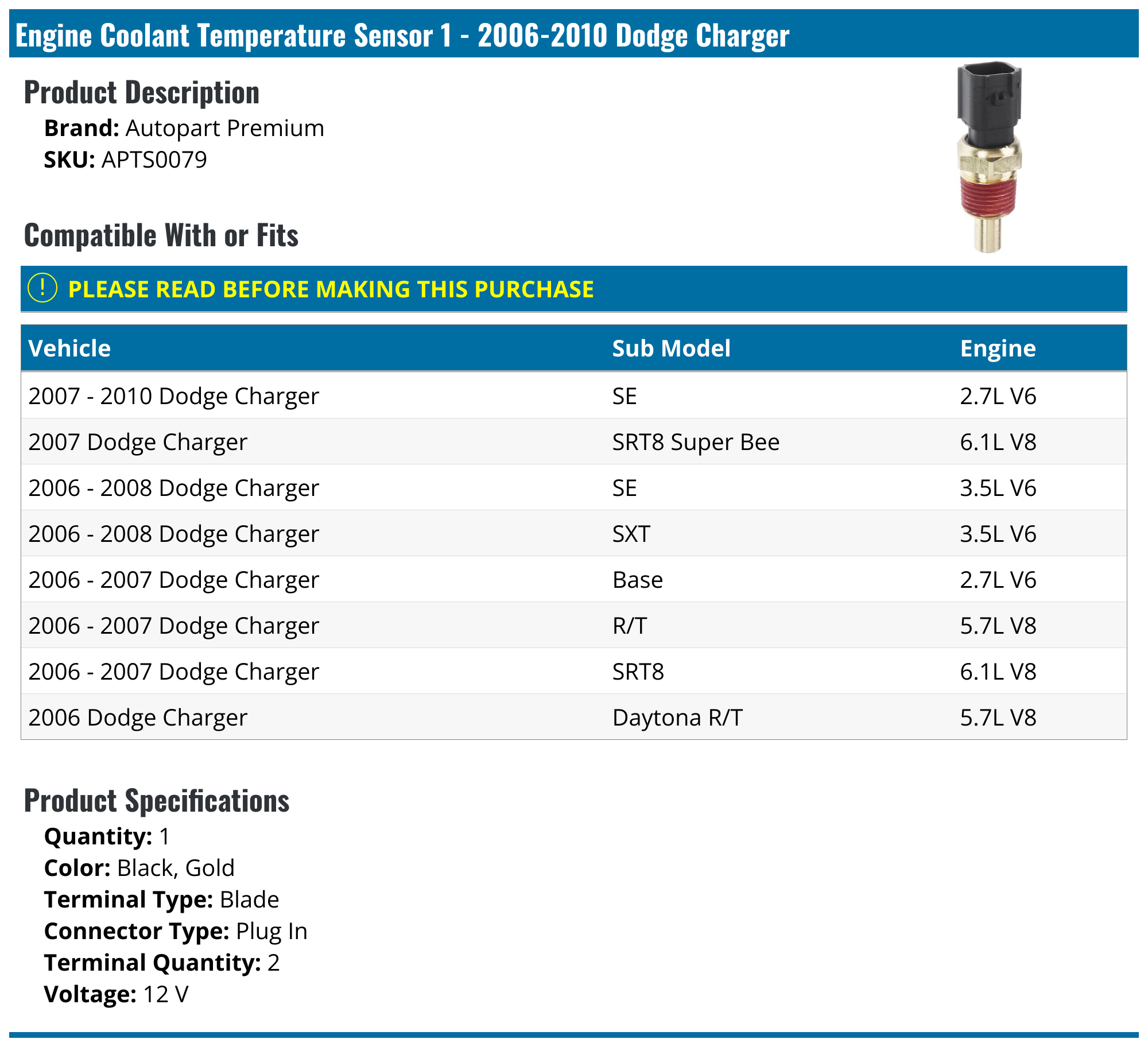 2006-2010 Dodge Charger Engine Coolant Temperature Sensor - Autopart ...