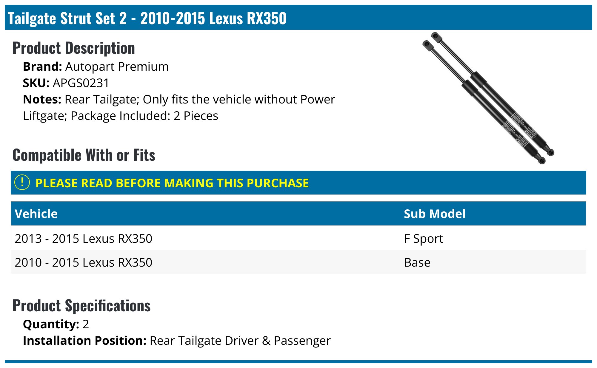 2010-2015 Lexus RX350 Hatch Strut - Autopart Premium APGS0231 - Rear ...