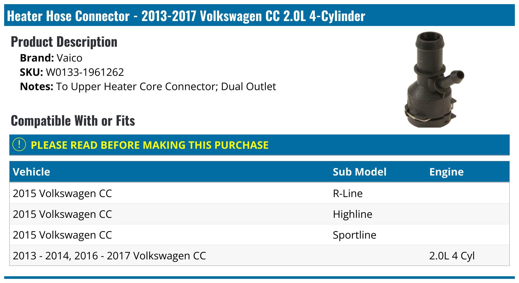 2013-2017 Volkswagen CC Heater Hose Connector - Vaico W0133-1961262 ...