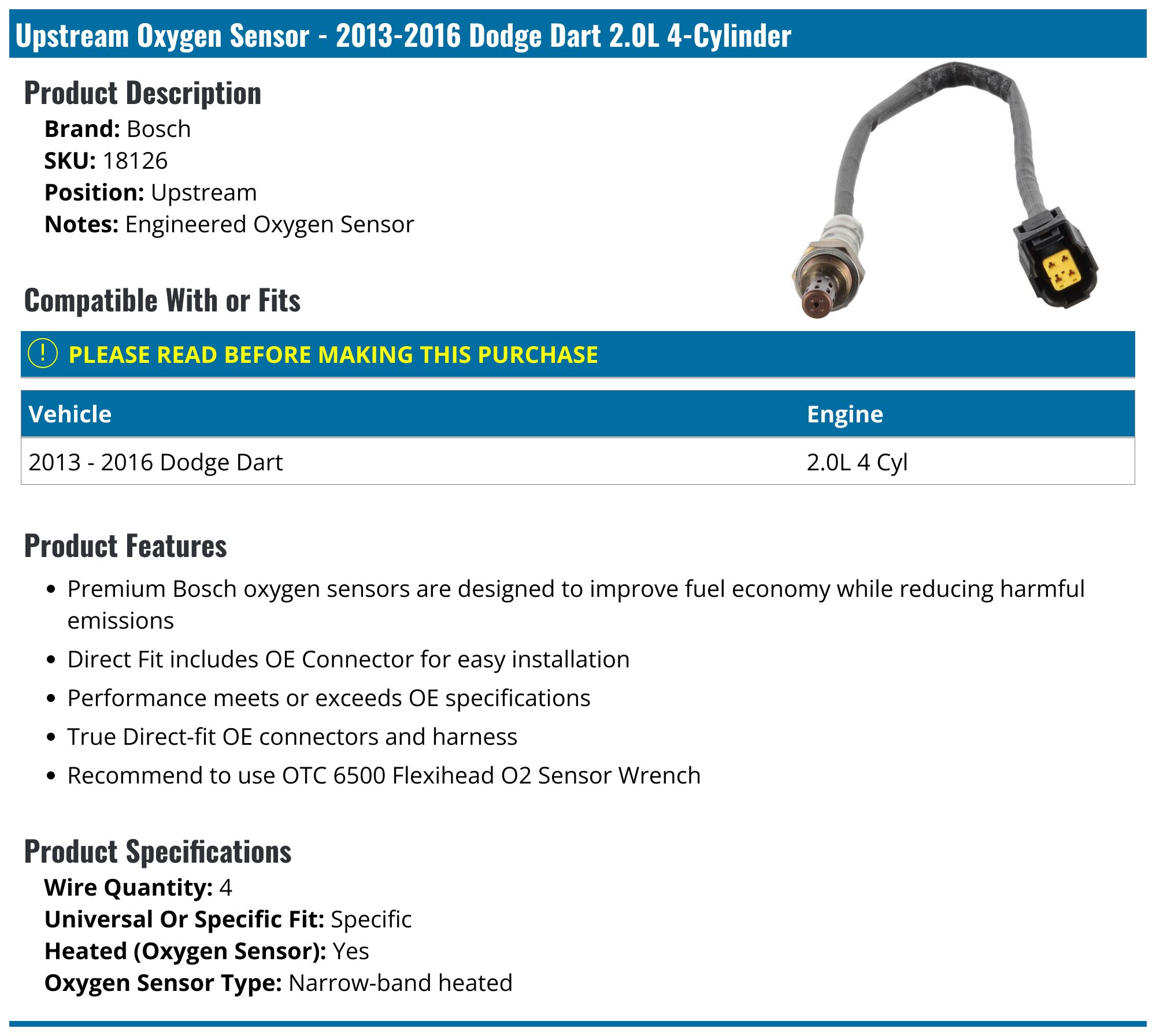 2013-2016 Dodge Dart Oxygen Sensor - Bosch 18126 - Upstream - PartsGeek.com