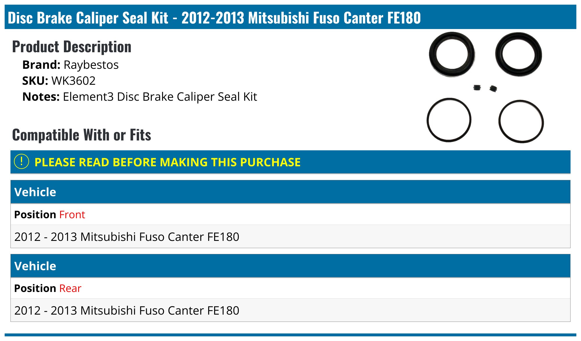 2012-2013 Mitsubishi Fuso Canter FE180 Disc Brake Caliper Seal Kit ...