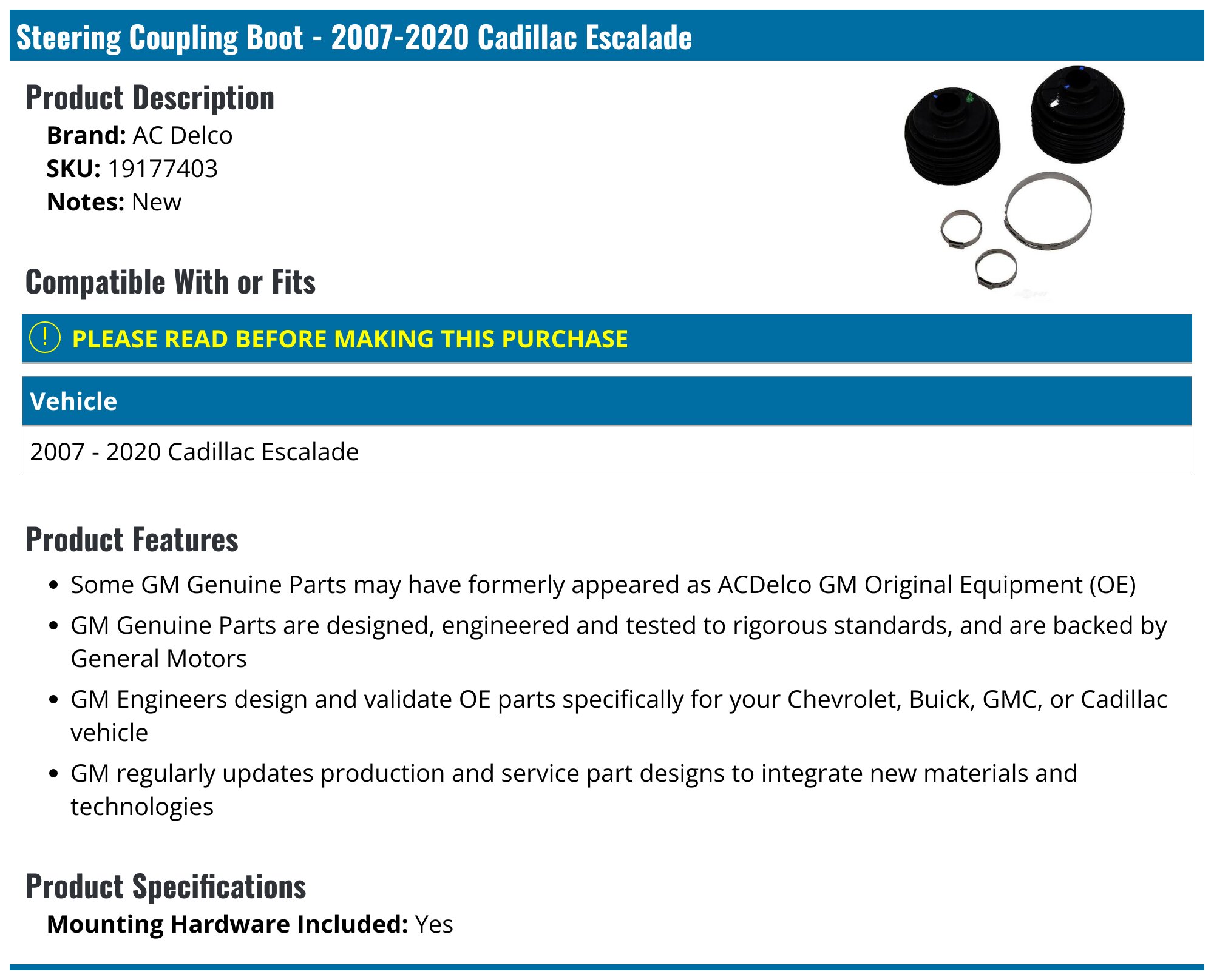 2007-2020 Cadillac Escalade Steering Coupling Boot - AC Delco 19177403 ...
