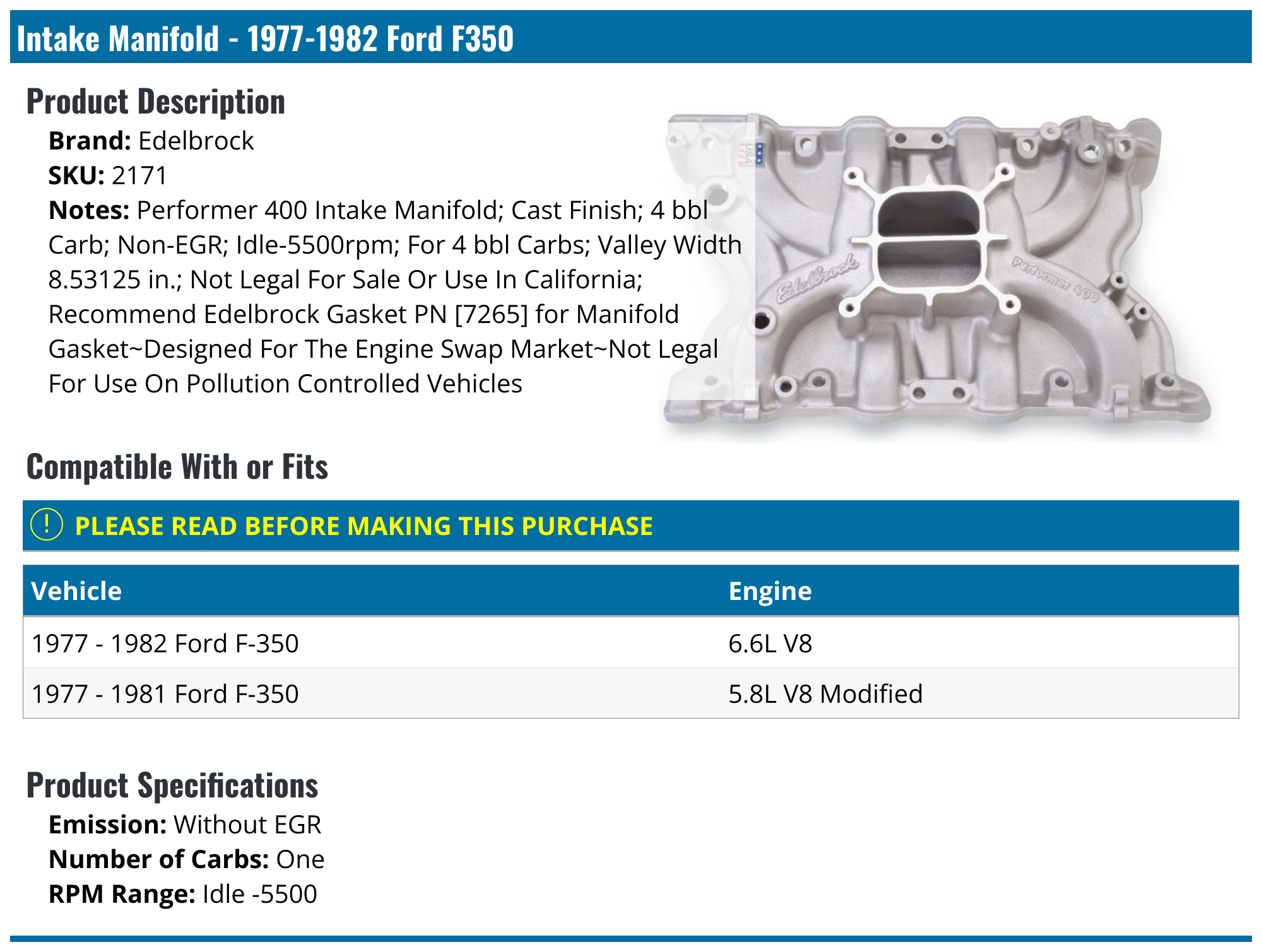 1977-1982 Ford F350 Intake Manifold - Edelbrock 2171 - - PartsGeek.com