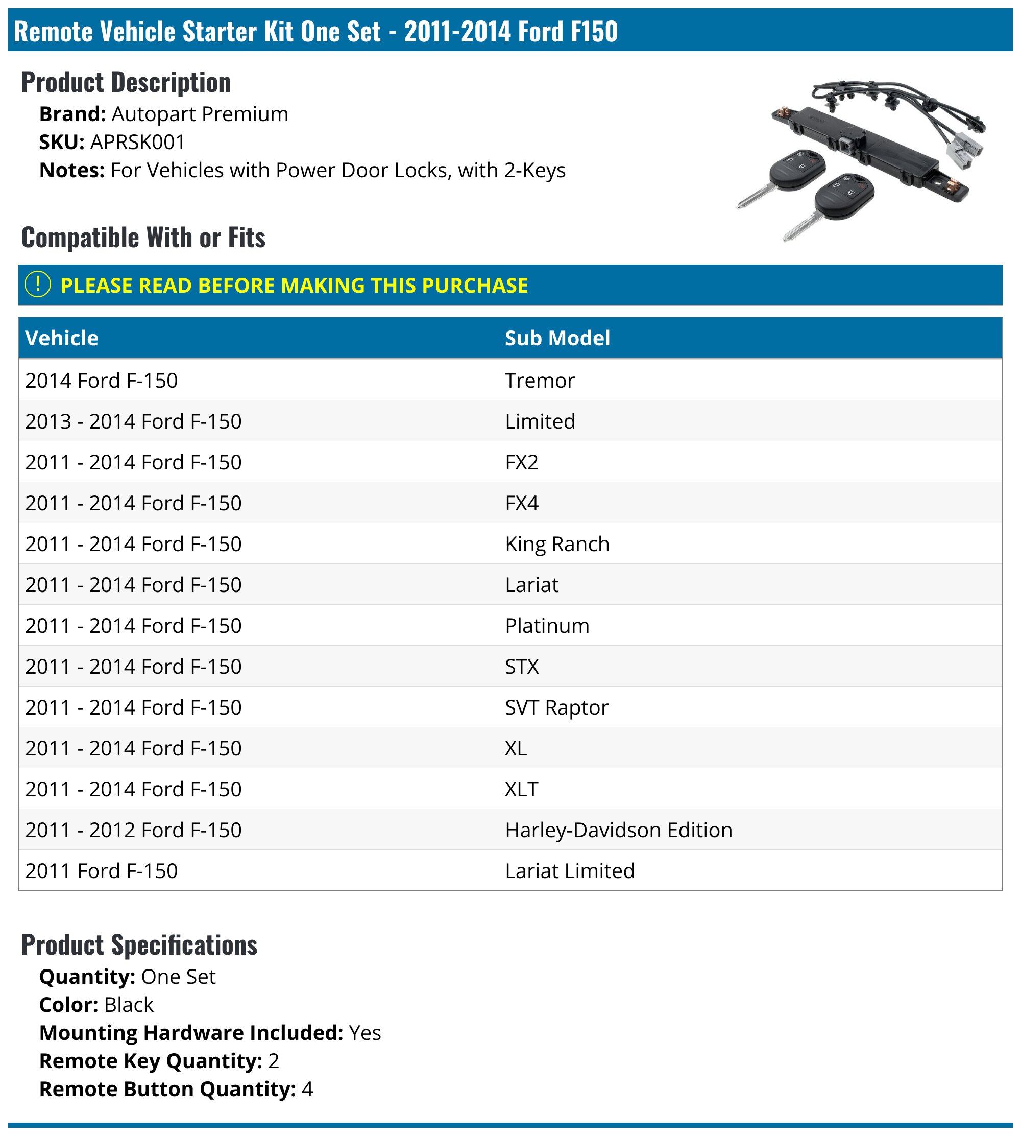 2011-2014 Ford F150 Remote Vehicle Starter Kit - Autopart Premium ...