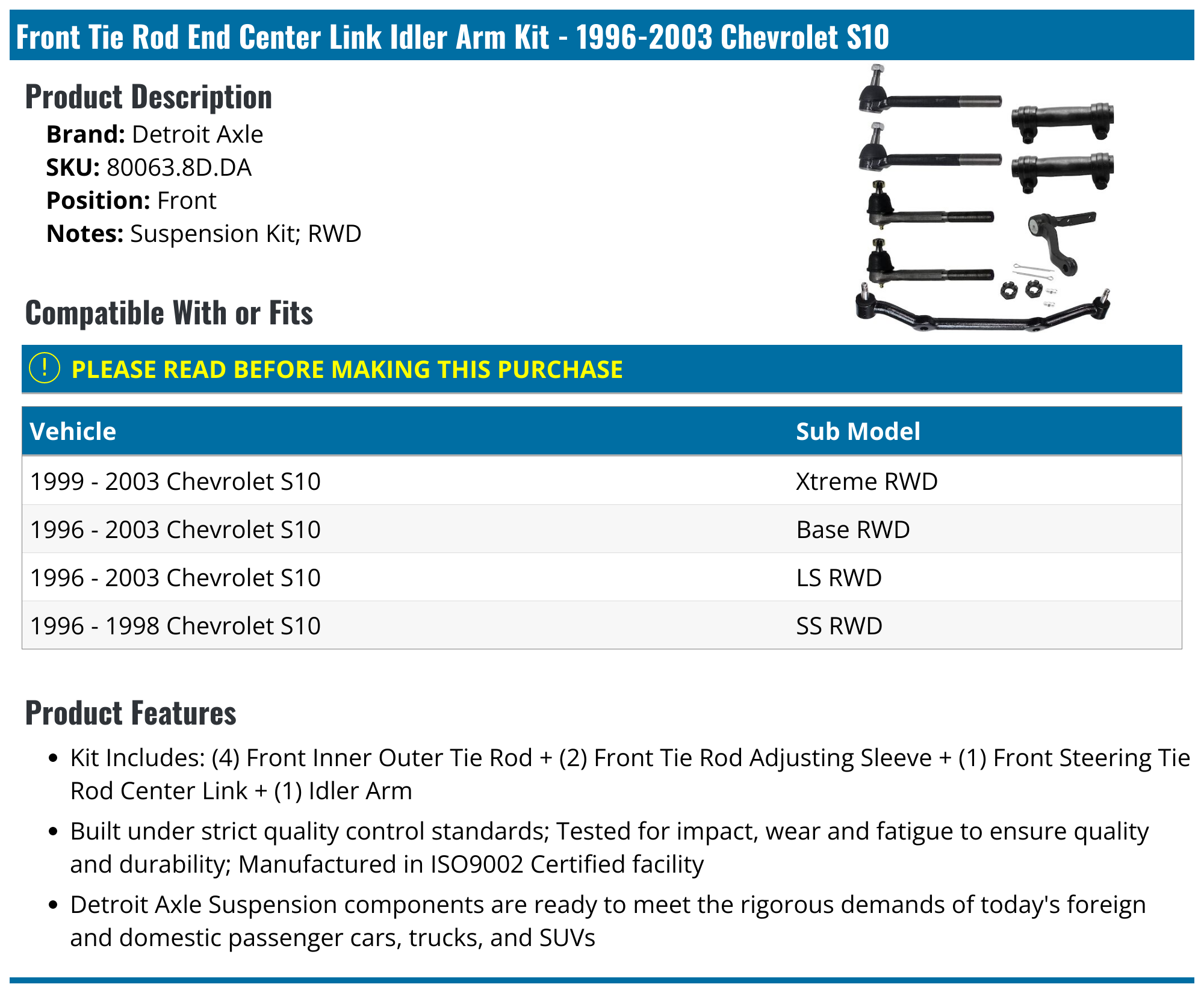 1996-2003 Chevrolet S10 Tie Rod End - Detroit Axle 80063.8D.DA - Front ...