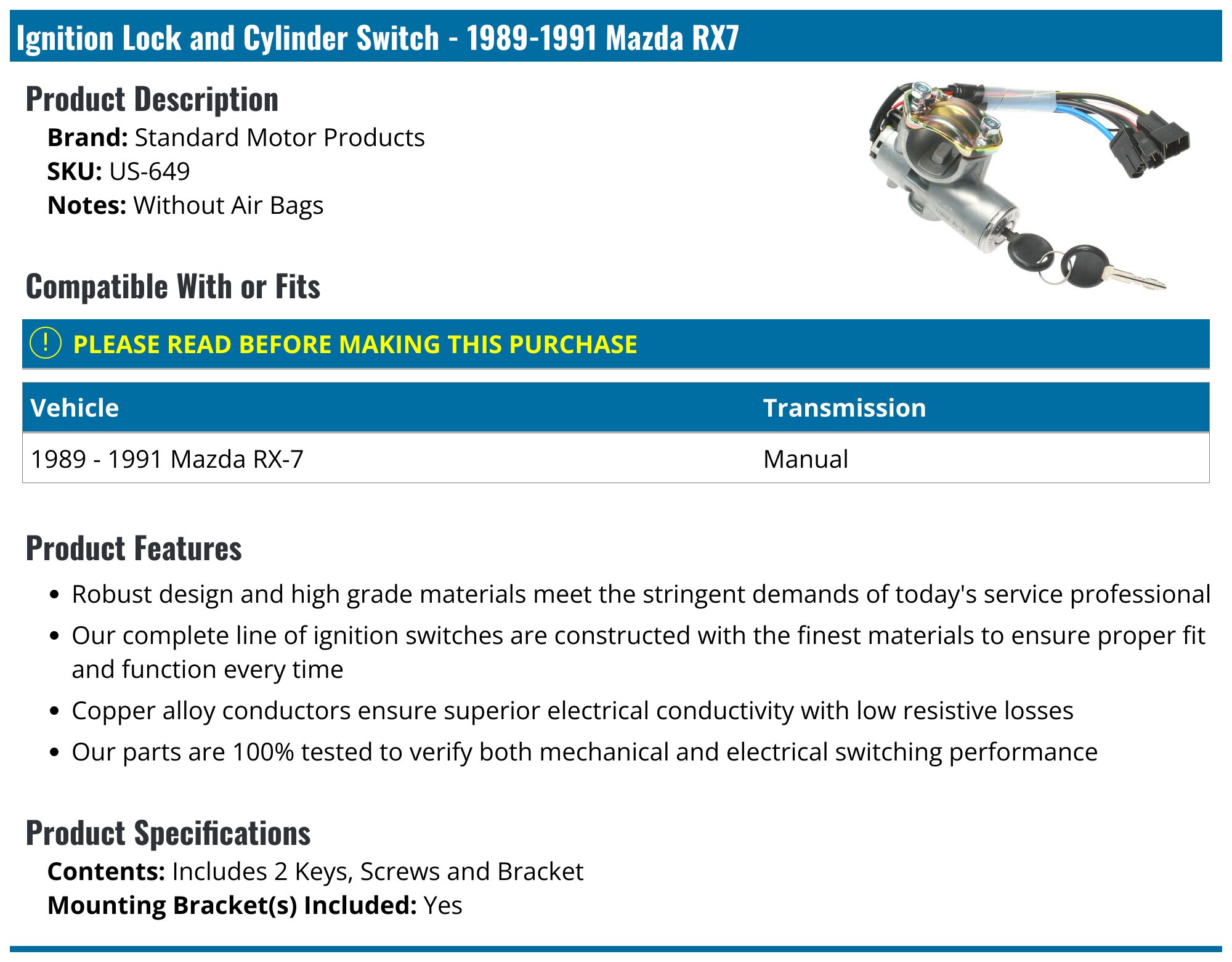 1989-1991 Mazda RX7 Ignition Switch - Standard Motor Products US-649 ...
