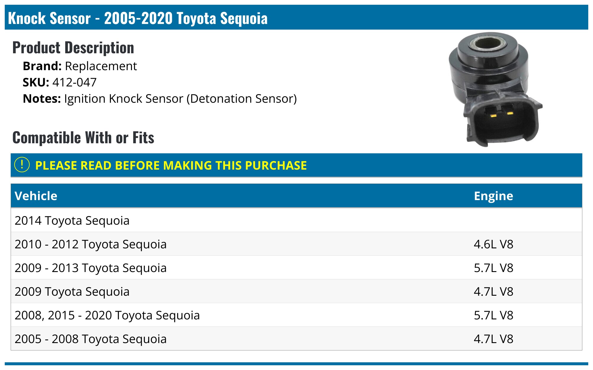 2005-2020 Toyota Sequoia Knock Sensor - Replacement 412-047 ...