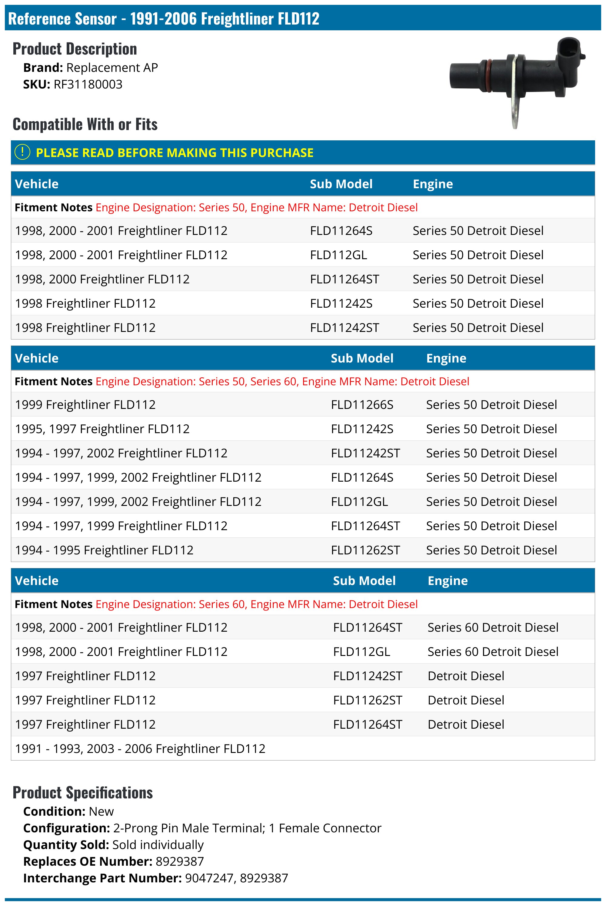 1991-2006 Freightliner FLD112 Crank Position Sensor - Replacement AP ...