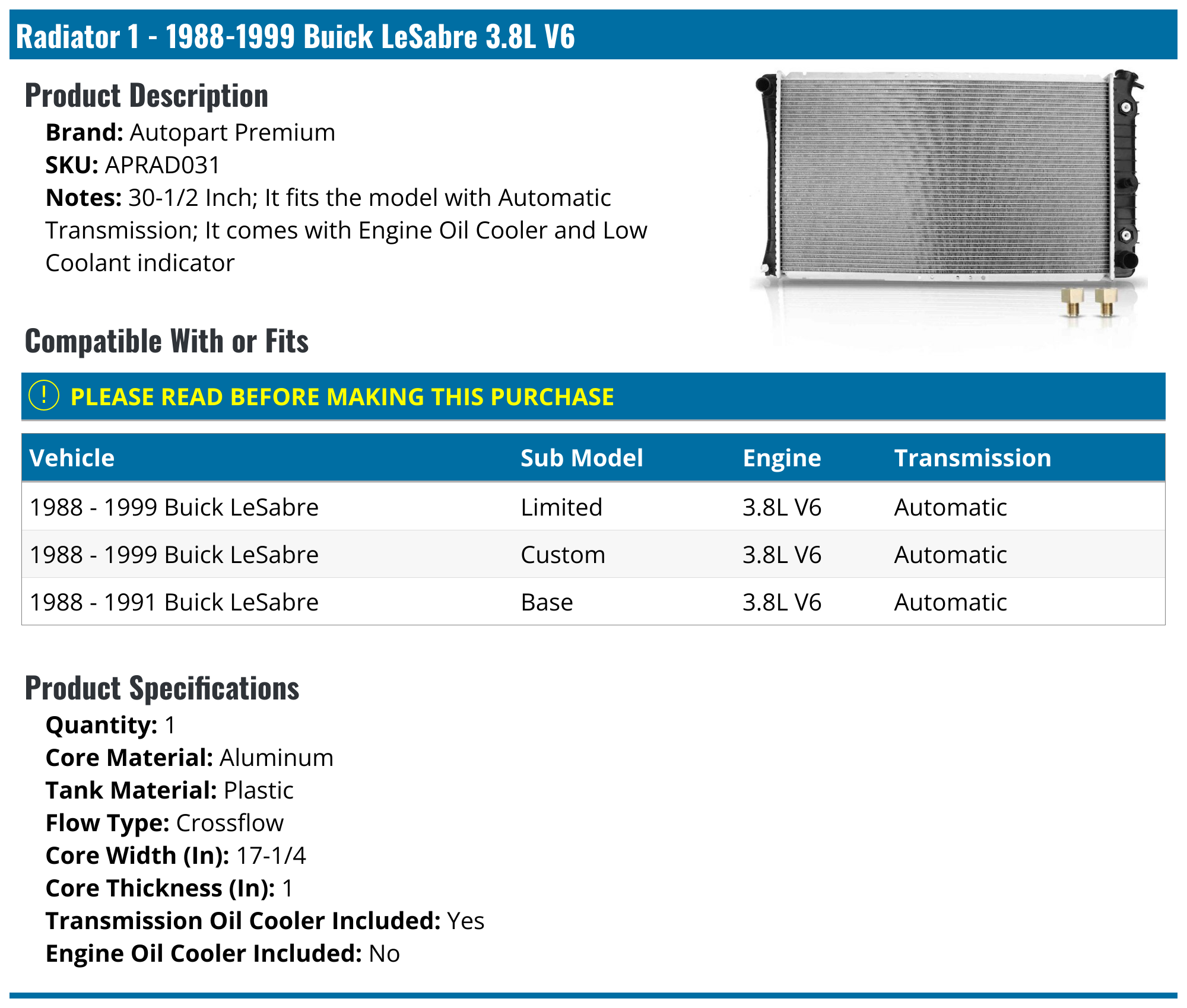 1988-1999 Buick LeSabre Radiator - Autopart Premium APRAD031 ...