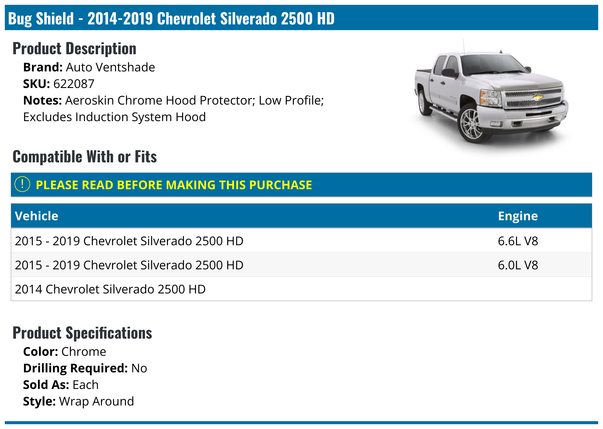 2014-2019 Chevrolet Silverado 2500 HD Bug Shield - Auto Ventshade ...