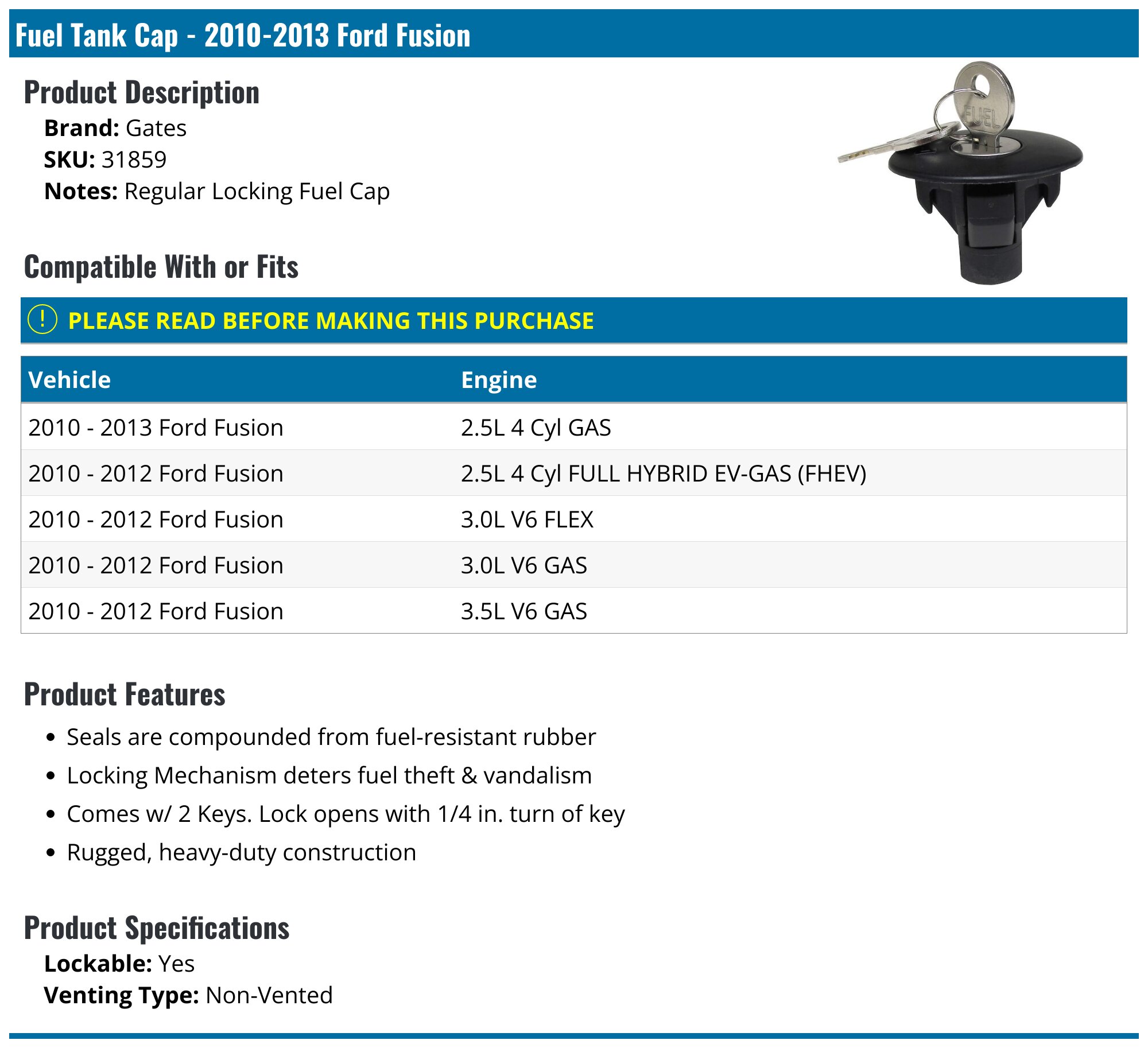 2010-2013 Ford Fusion Fuel Tank Cap - Gates 31859 - PartsGeek.com
