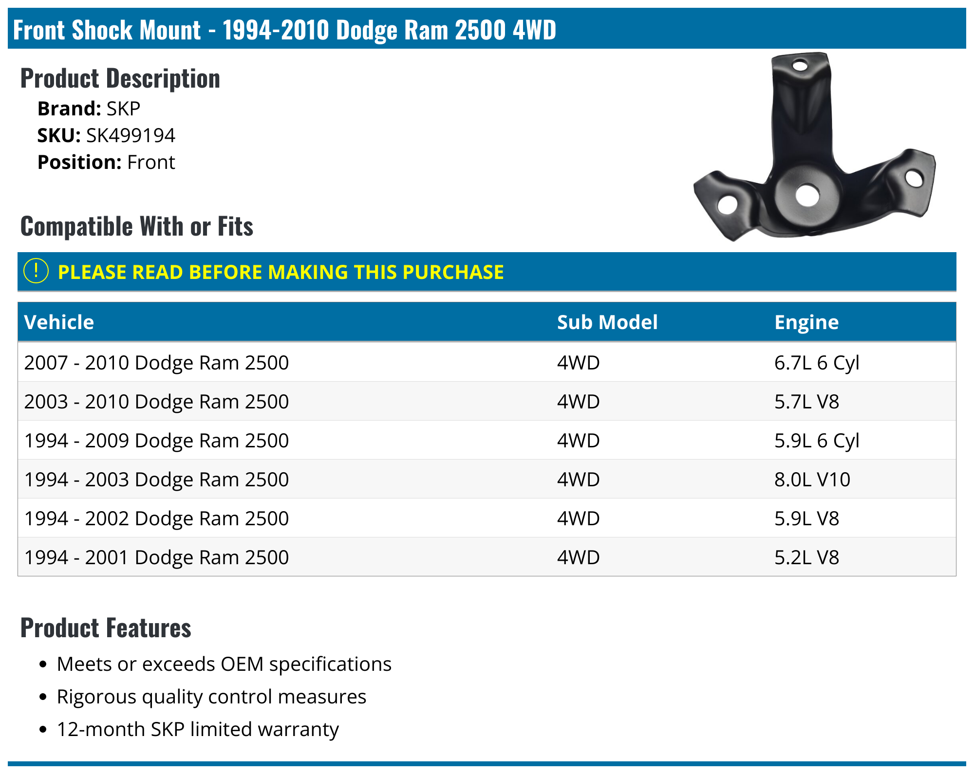 1994-2010 Dodge Ram 2500 Shock Mount - SKP SK499194 - Front - PartsGeek.com