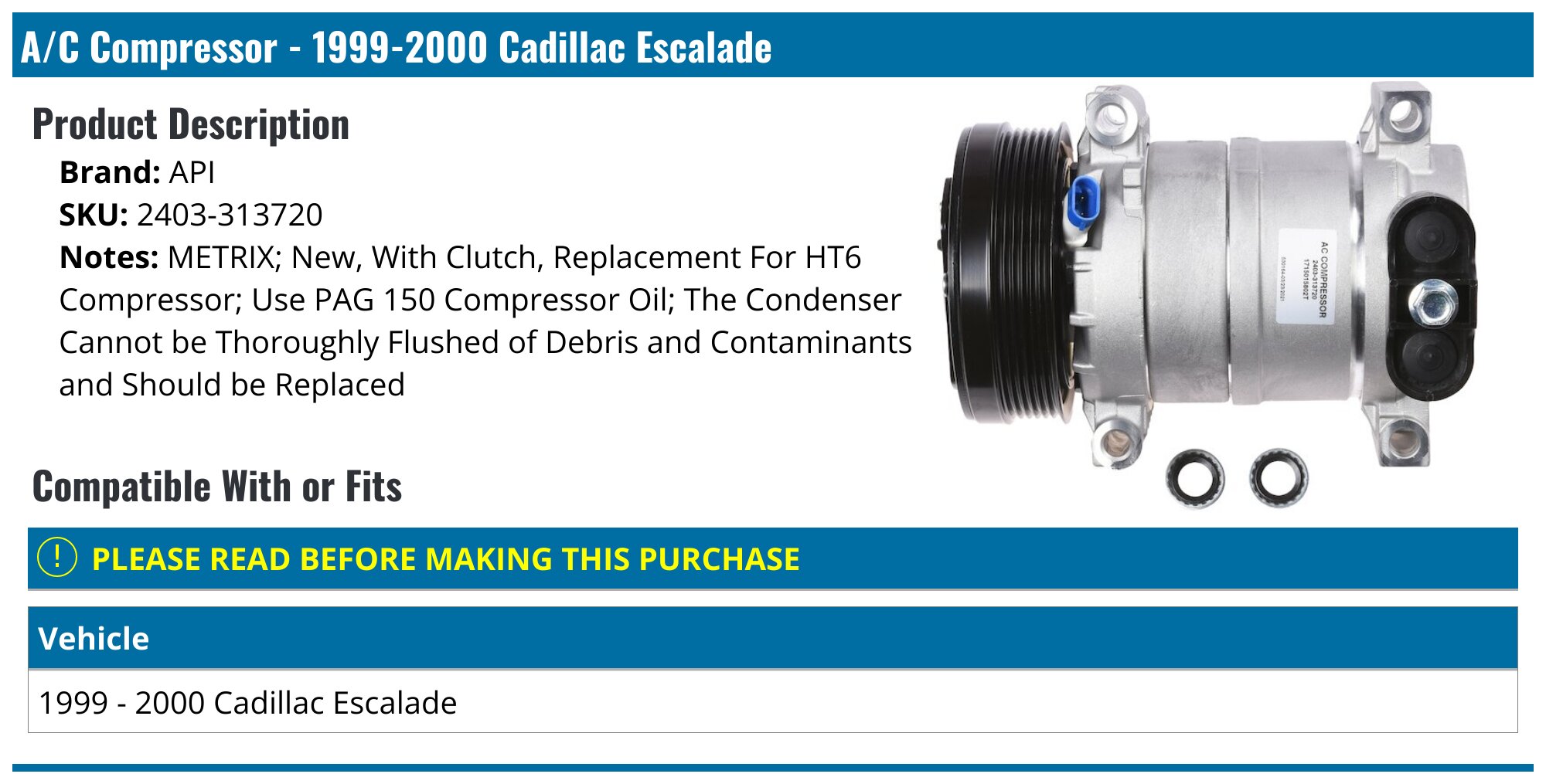 1999-2000 Cadillac Escalade A/C Compressor - API 2851-02736250 ...