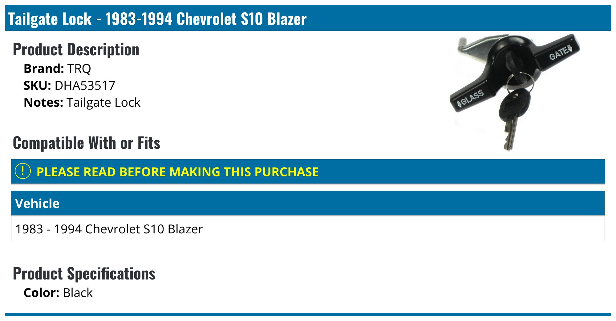 1983-1994 Chevrolet S10 Blazer Tailgate Lock - TRQ DHA53517 - PartsGeek.com