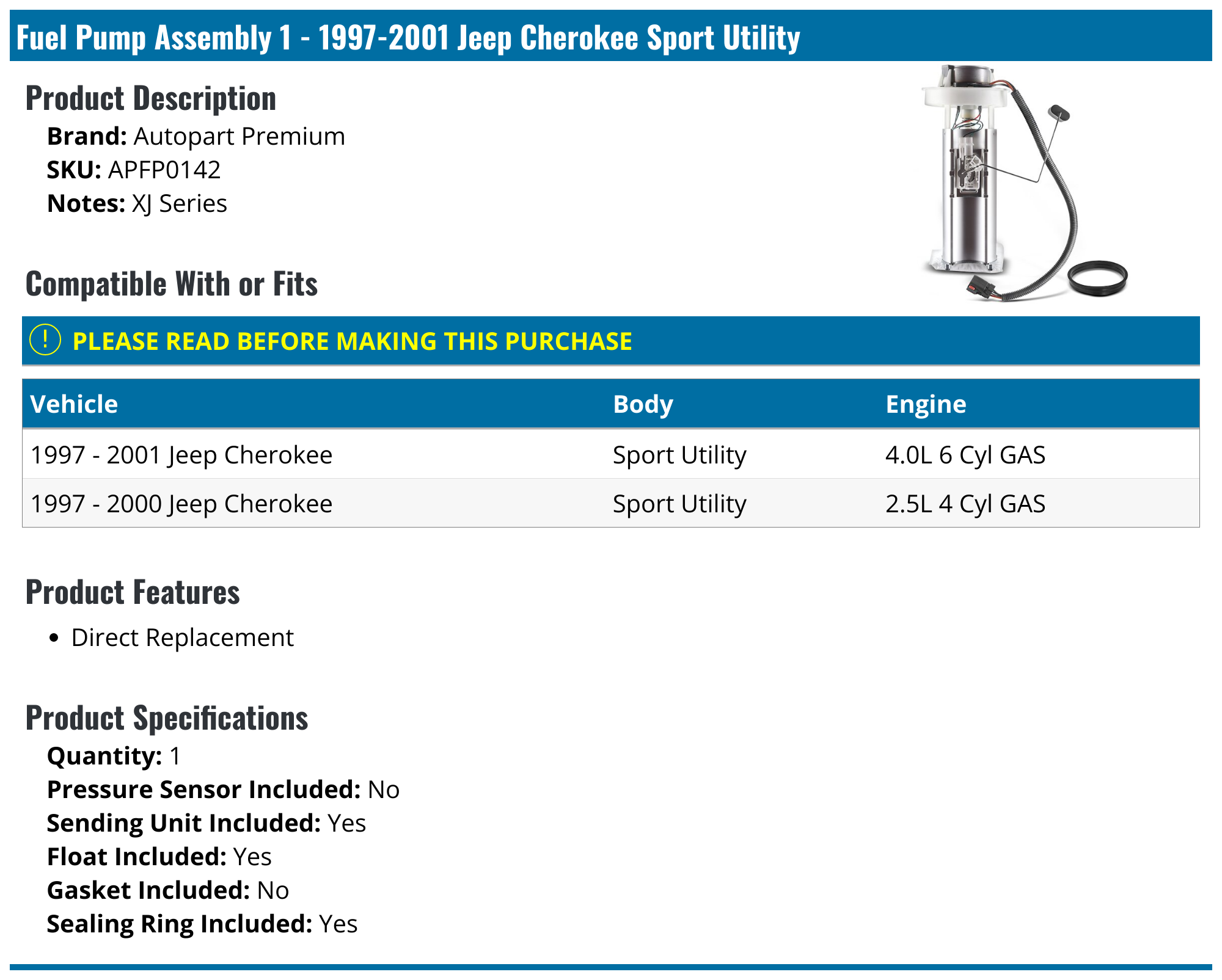 1997-2001 Jeep Cherokee Fuel Pump - Autopart Premium APFP0142 ...