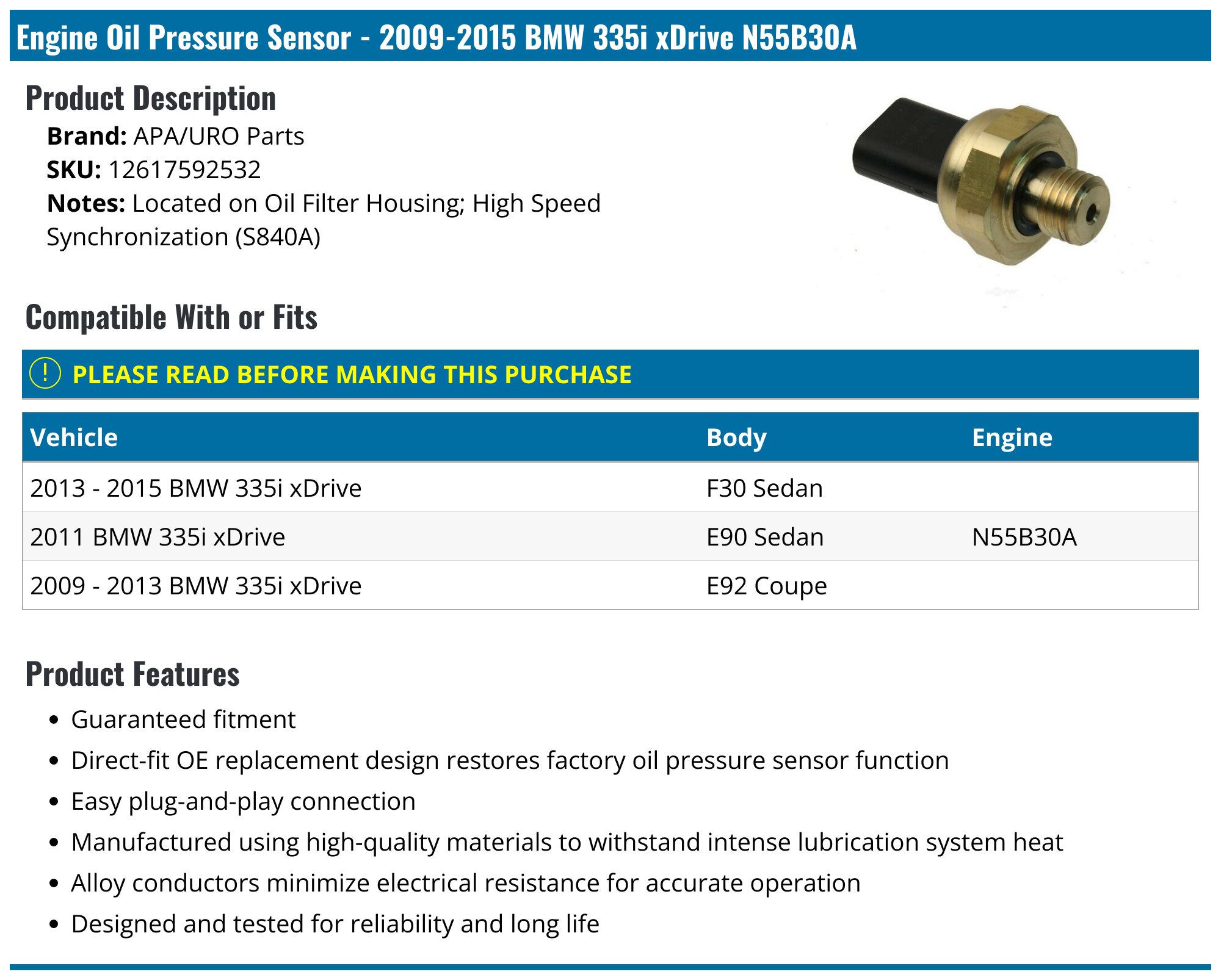 2009-2015 BMW 335i xDrive Engine Oil Pressure Sensor - APA/URO Parts ...