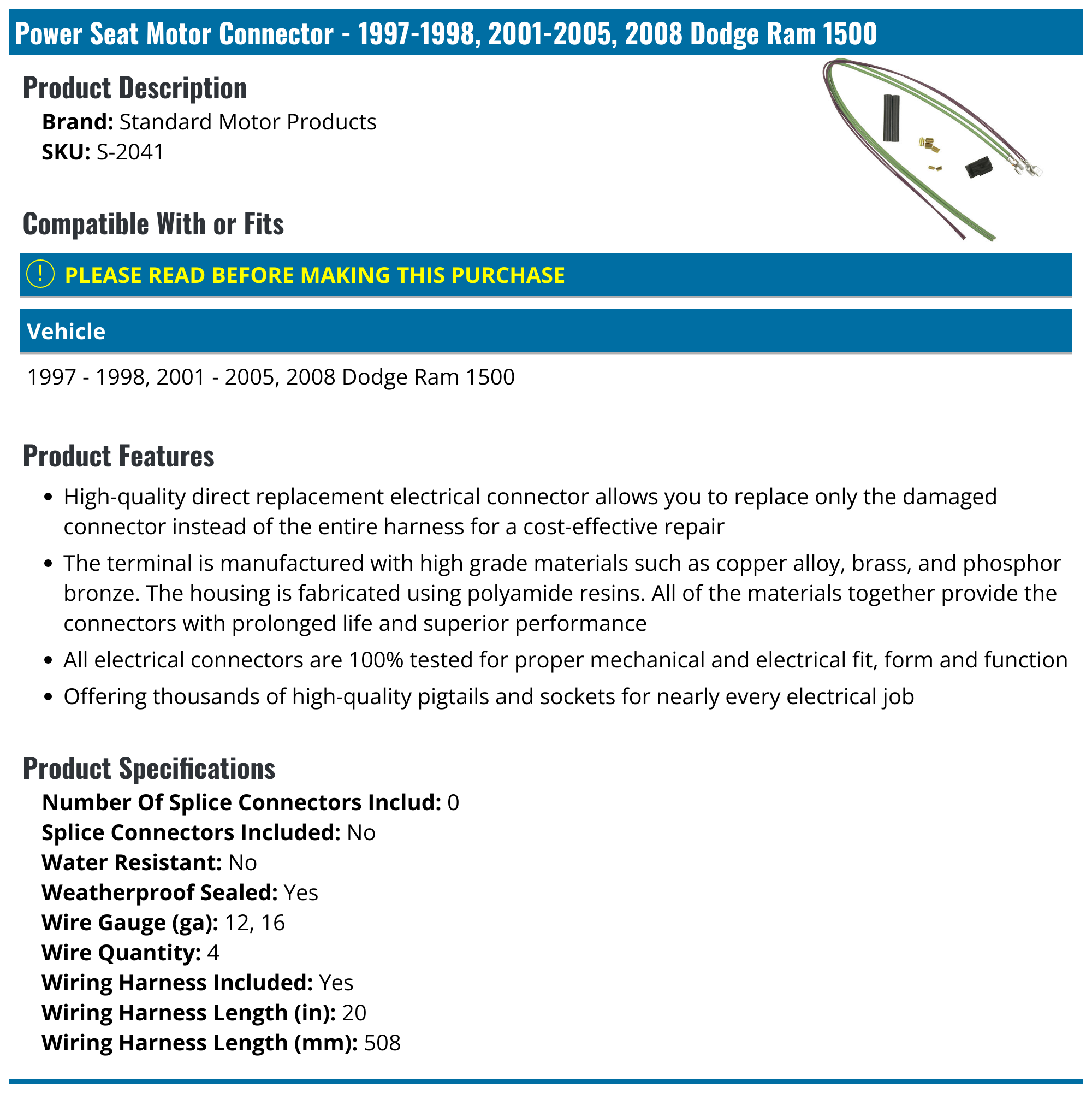 1997-1998, 2001-2005, 2008 Dodge Ram 1500 Power Seat Motor Connector ...