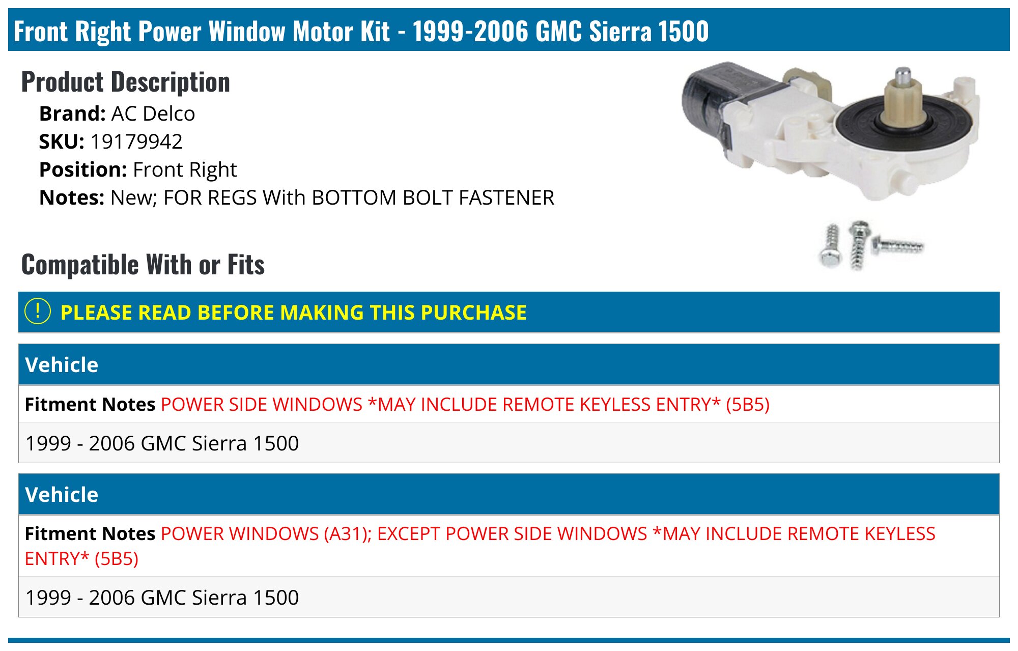 1999-2006 GMC Sierra 1500 Power Window Motor Kit - AC Delco 19179942 ...