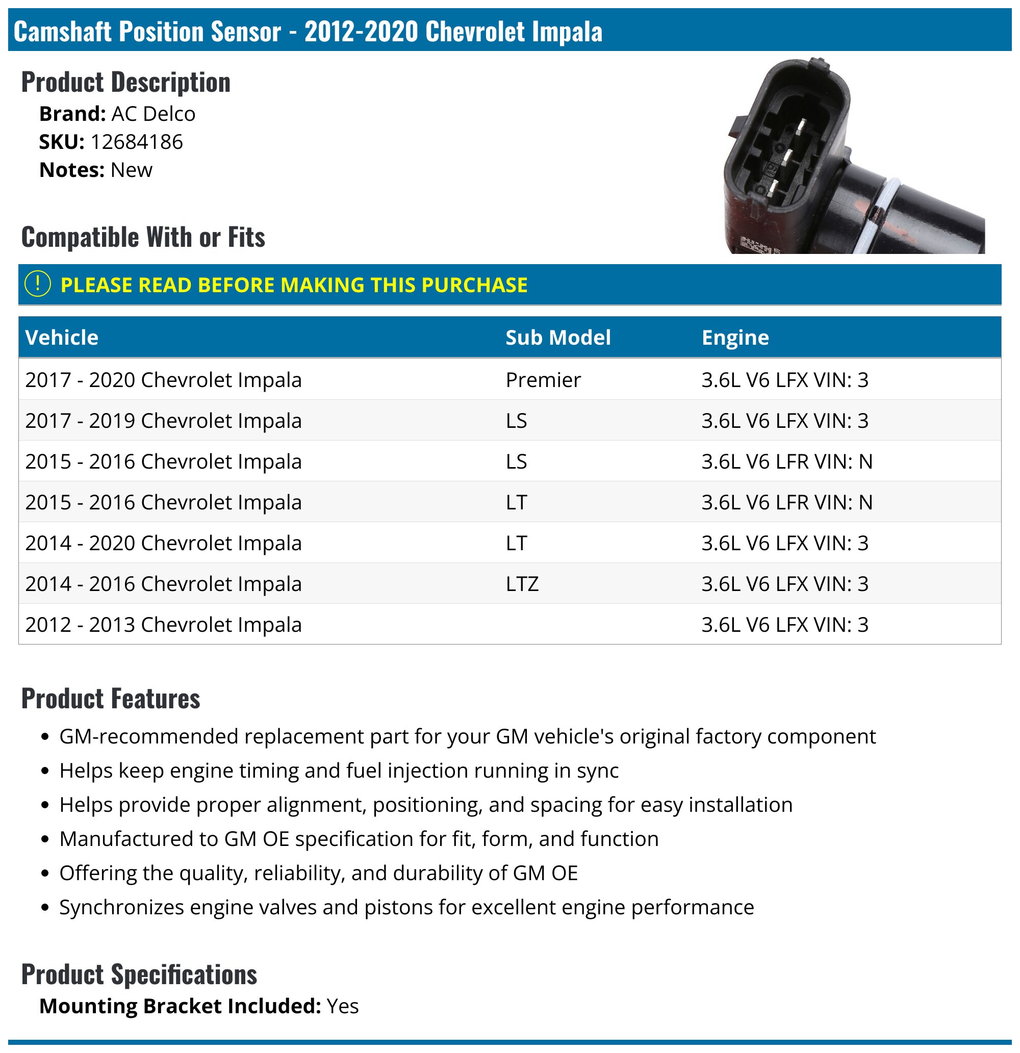 2012-2020 Chevrolet Impala Camshaft Position Sensor - AC Delco 12684186 ...