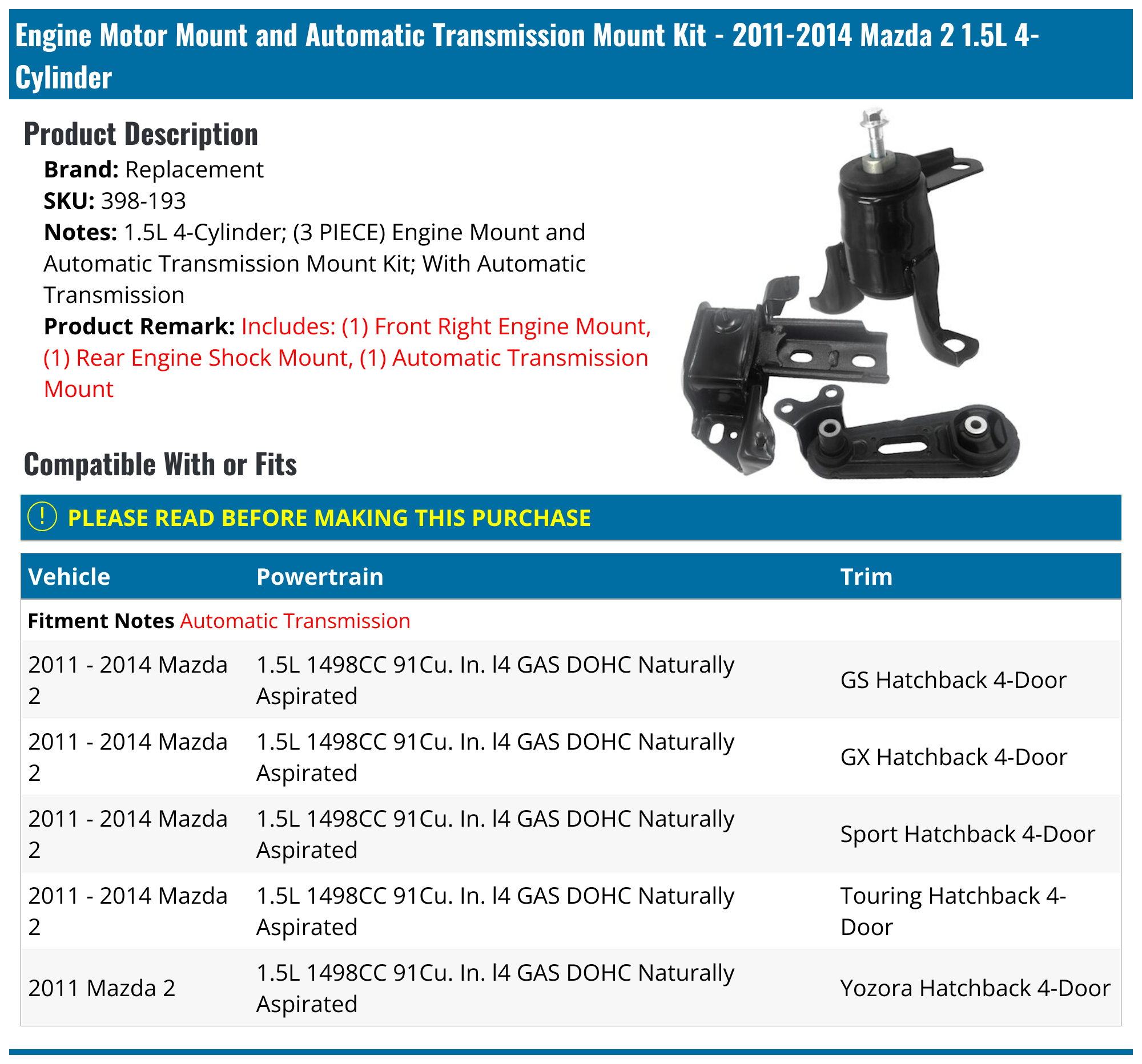 2011-2014 Mazda 2 Engine Mount - Replacement 398-193 - PartsGeek.com