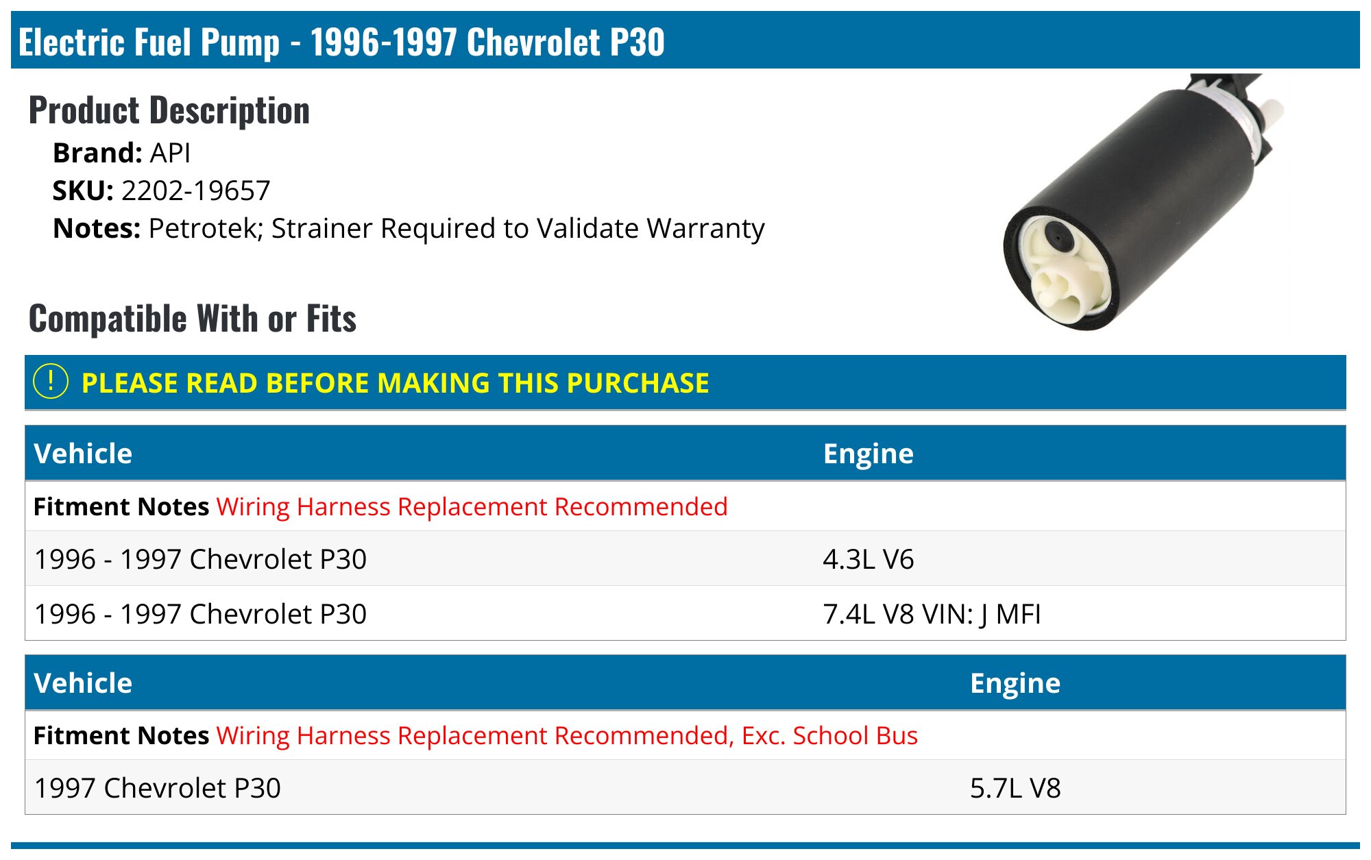 1996-1997 Chevrolet P30 Fuel Pump - API 3616-07414839 - PartsGeek.com