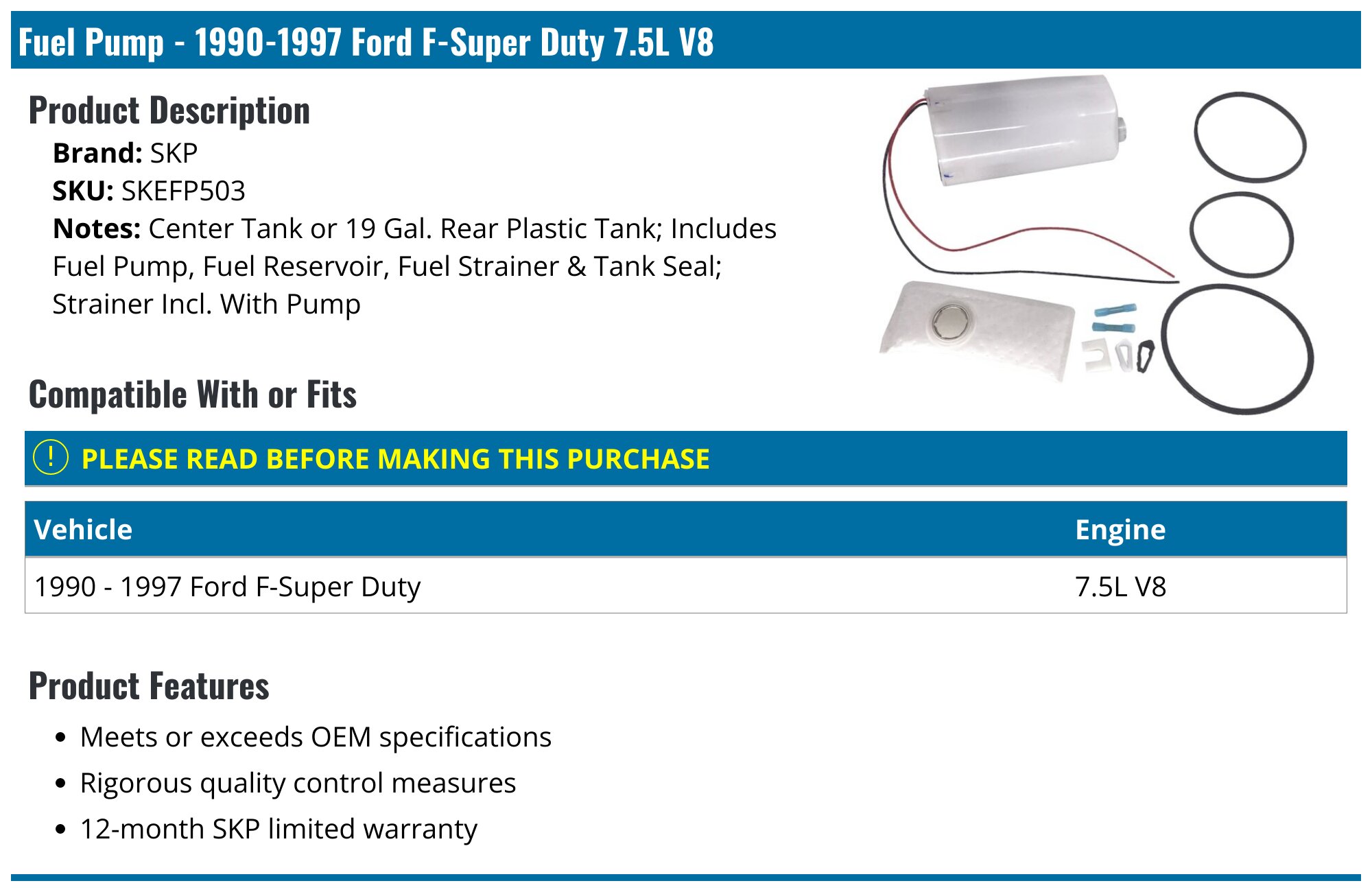 1990-1997 Ford F-Super Duty Fuel Pump - SKP SKEFP503 - PartsGeek.com