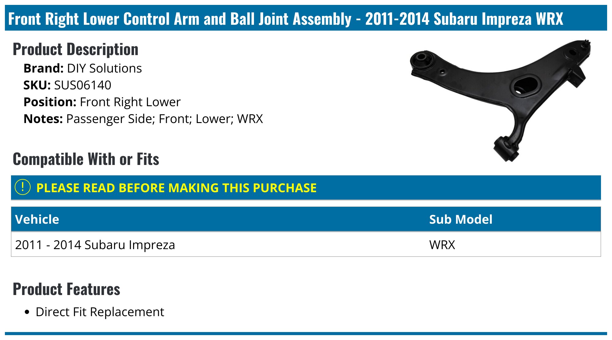 2011-2014 Subaru Impreza Control Arm - DIY Solutions SUS06140 - Front ...